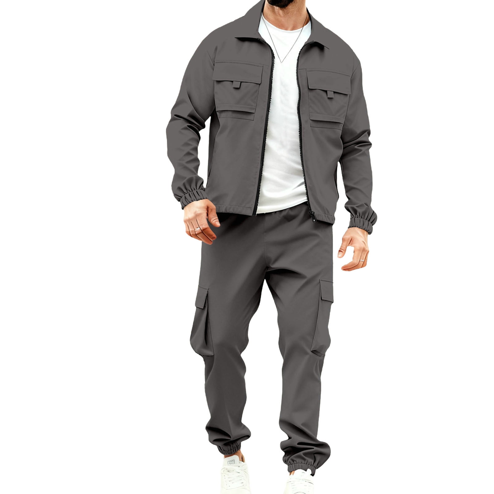 Men's Loose Softshell 2-Piece Hiking Set, Full Zip Cargo Jacket ...
