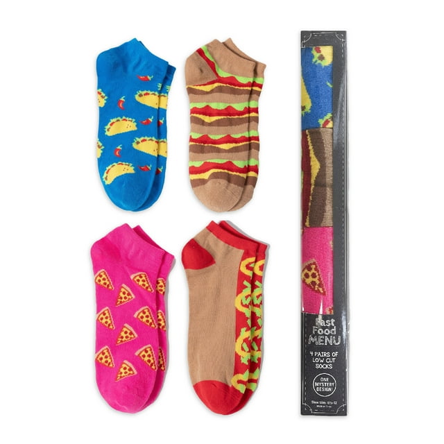 Men's Low Cut Socks, Fast Food Mystery Gift Box, 4-Pack, Size 6.5-12 ...