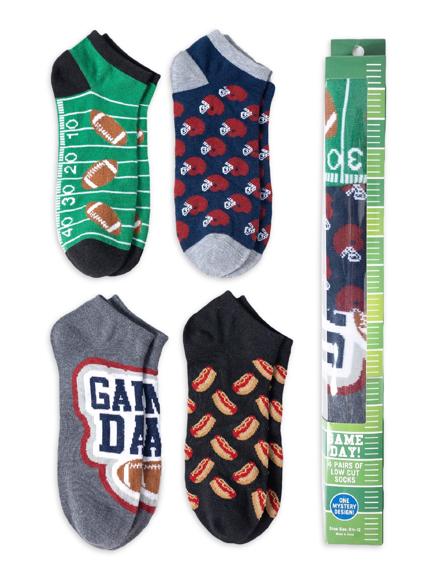 Men's Low Cut Socks, Football Game Mystery Gift Box, 4-Pack, Size 6.5 ...