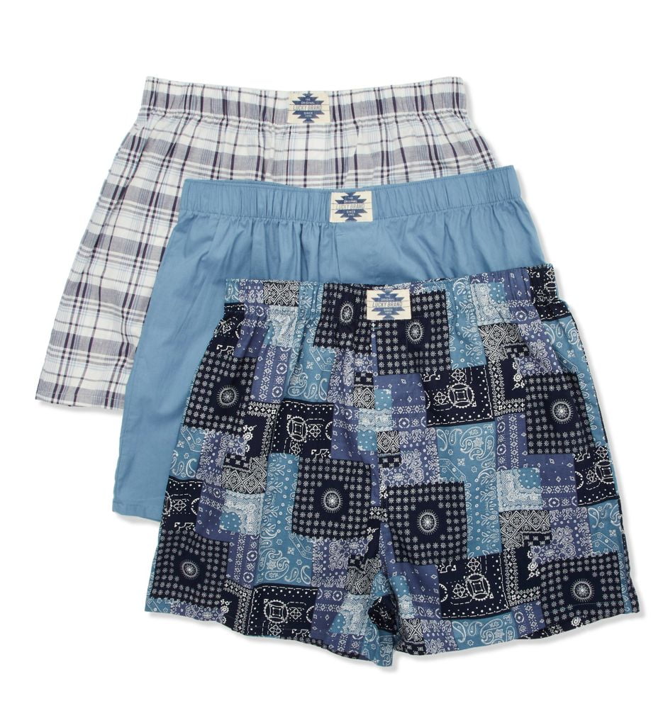 Men's Lucky 241PB09 Cotton Woven Boxers - 3 Pack (Plaid/Blue/Print L ...