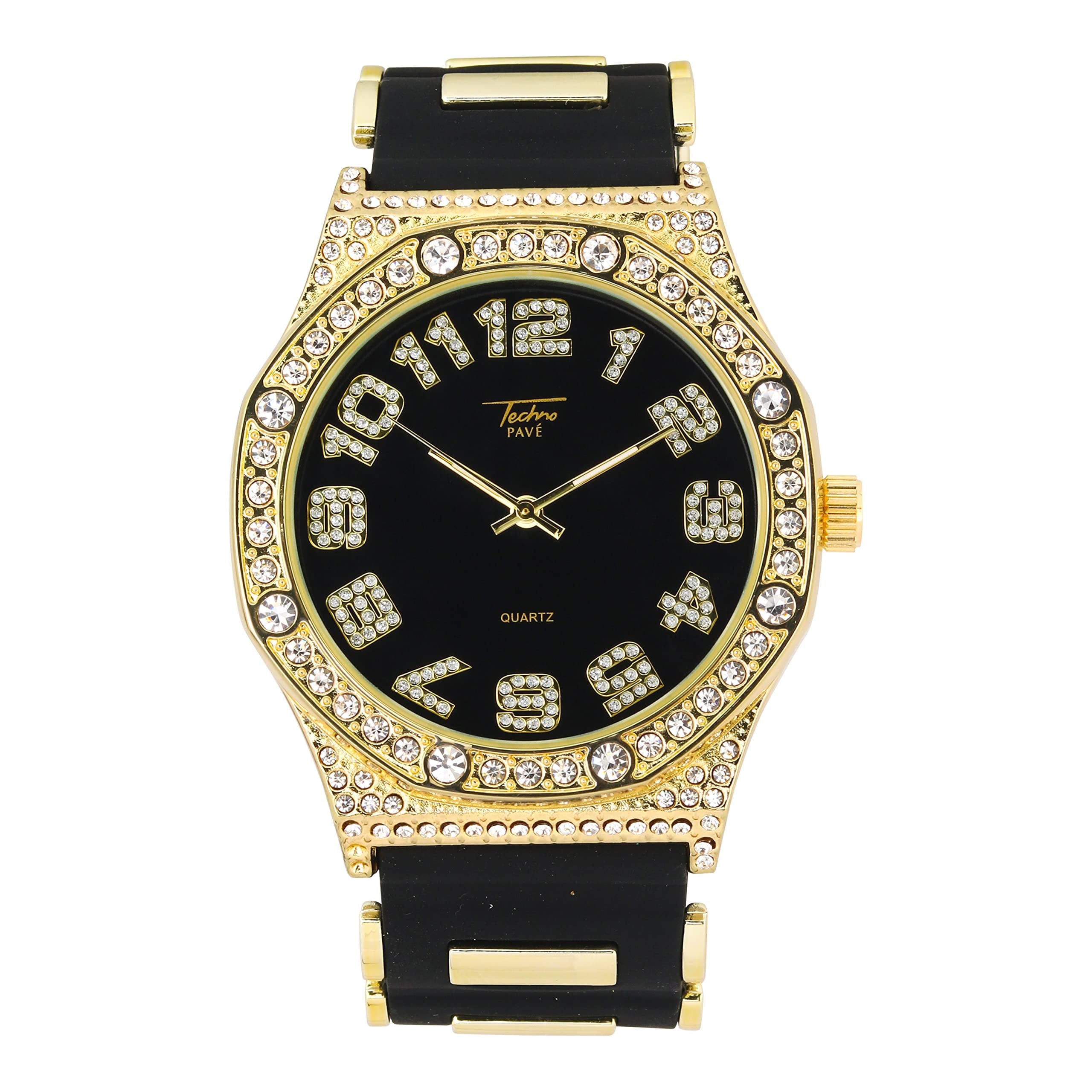 Men's 14K Gold Tone Luxury Watch- Octagon Dial- Simulated Crystal ...