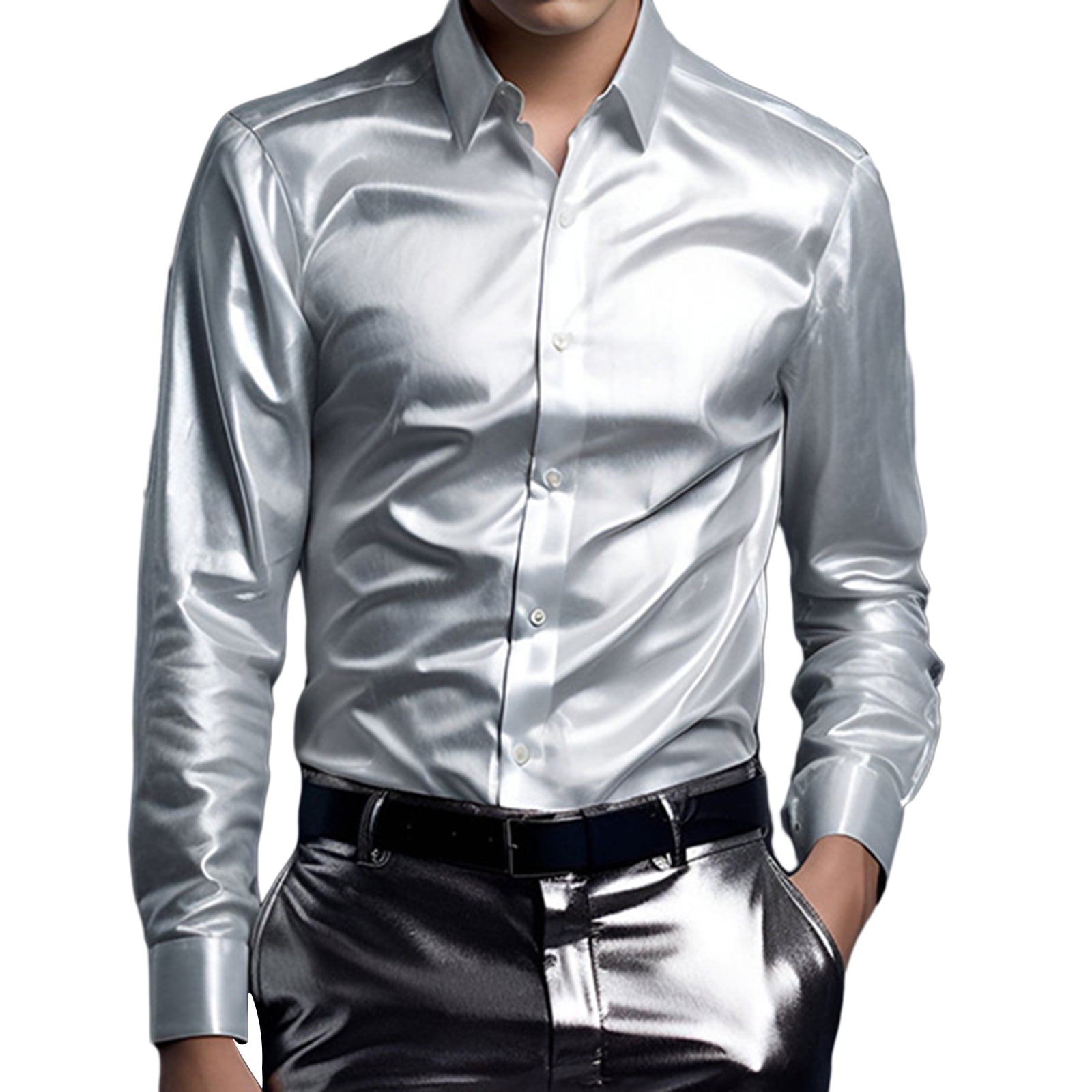 Men's Luxury Shiny Silk Like Satin Dress Shirt Long Sleeve Casual Slim ...