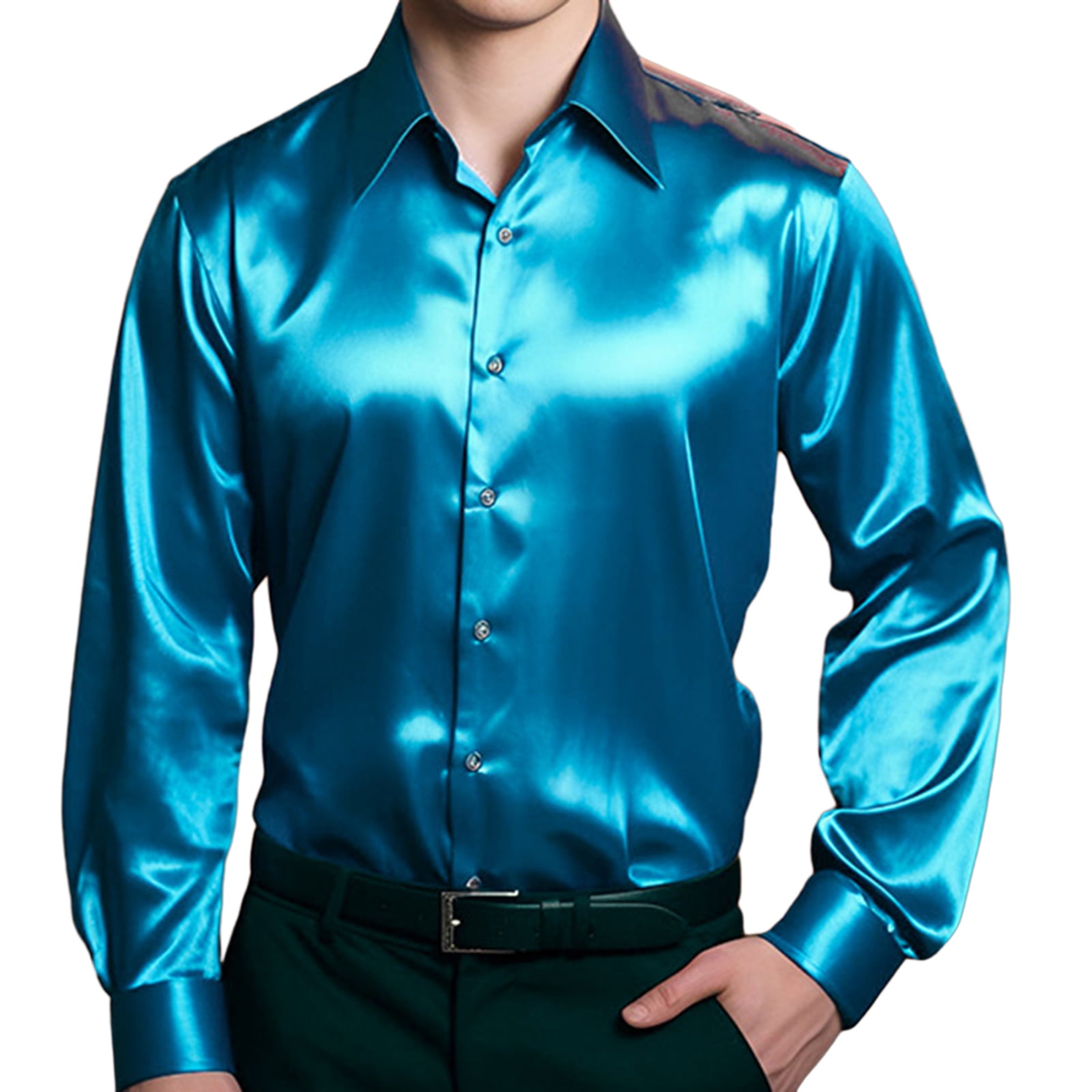 Men's Luxury Shiny Silk Like Satin Dress Shirt Long Sleeve Casual Slim ...