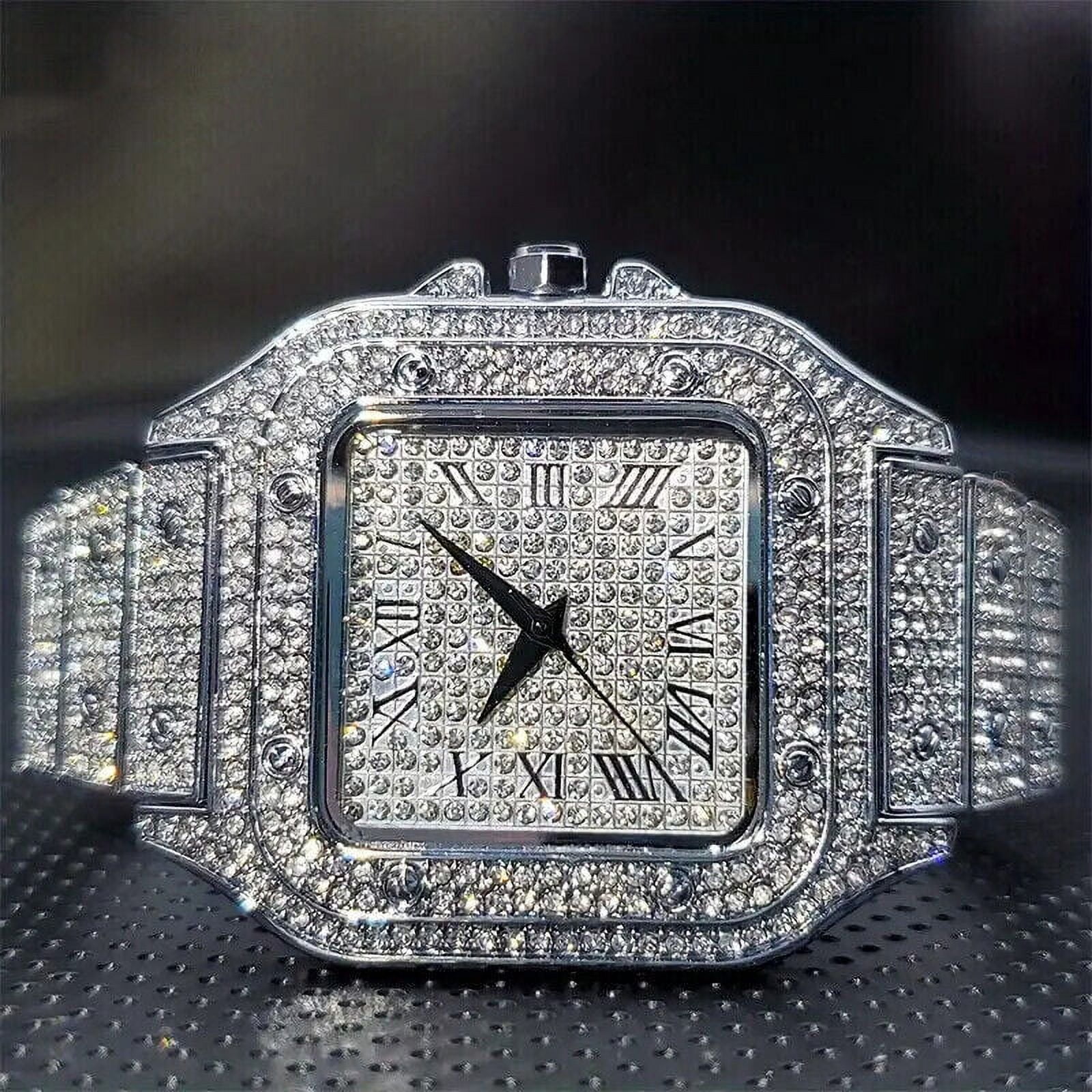 Men's Luxury Silver Plated Hip Hop Iced Square Watch Bling Quartz ...