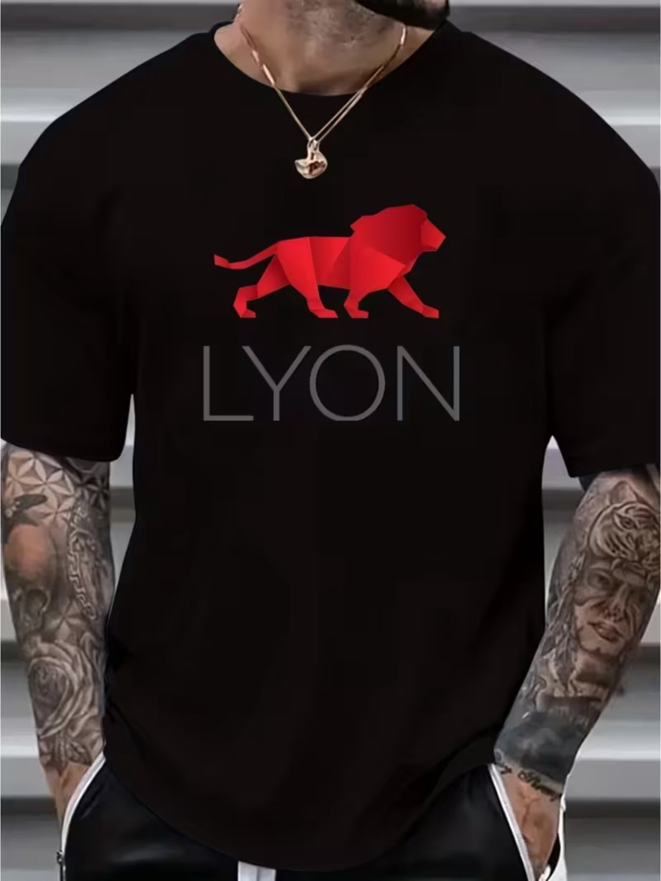 Men's Lyon France Lion Emblem T-Shirt - Casual Round Neck Tee with Lion ...