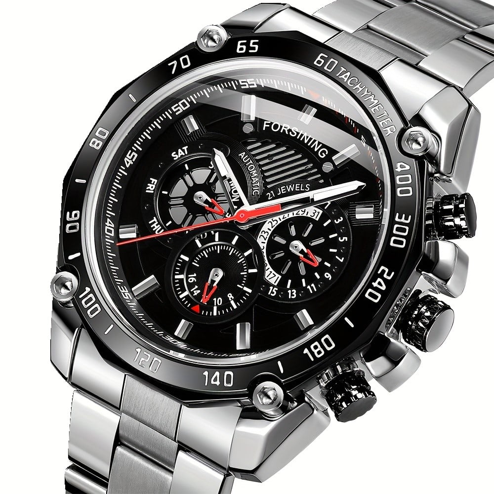 Men's Mechanical Watch Black Sport Watch 3 Sub Dial Date Stainless ...