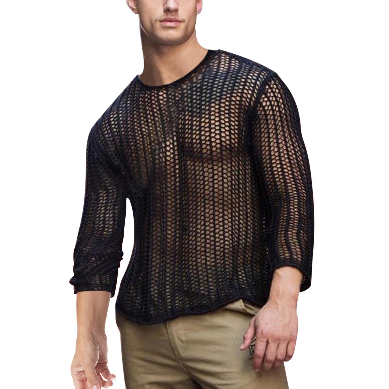 Men's Mesh Fishnet Fitted Muscle Shirts Long Sleeve Workout Gym Tops ...