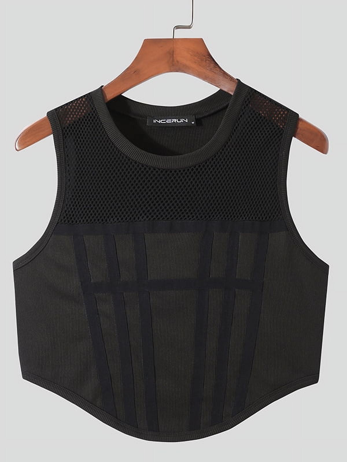 Men's Mesh Panel Stretch Curved Hem Sleeveless Crop Tank Top - Walmart.com