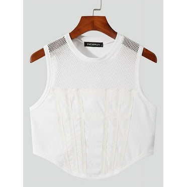 Men's Sleeveless O-neck Vests Mesh Patchwork Transparent Tank Tops ...