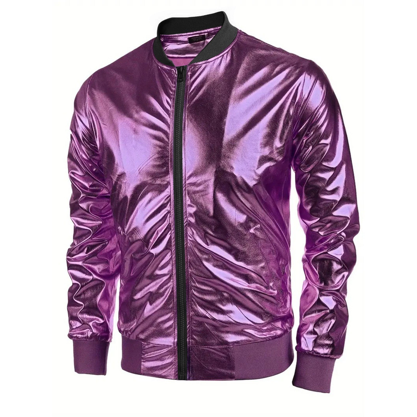 Men's Metallic Jacket 70s Disco Party Jacket Baseball Bomber (Purple L ...