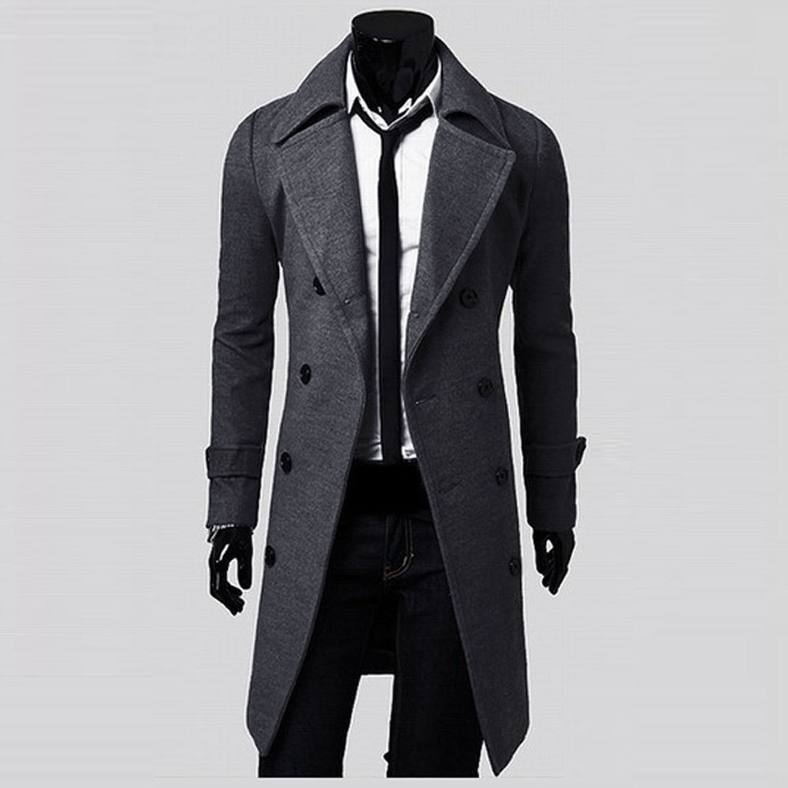 Men's Mid-length Trench Coat Slim Fit Notched Collar Khaki Black Grey ...