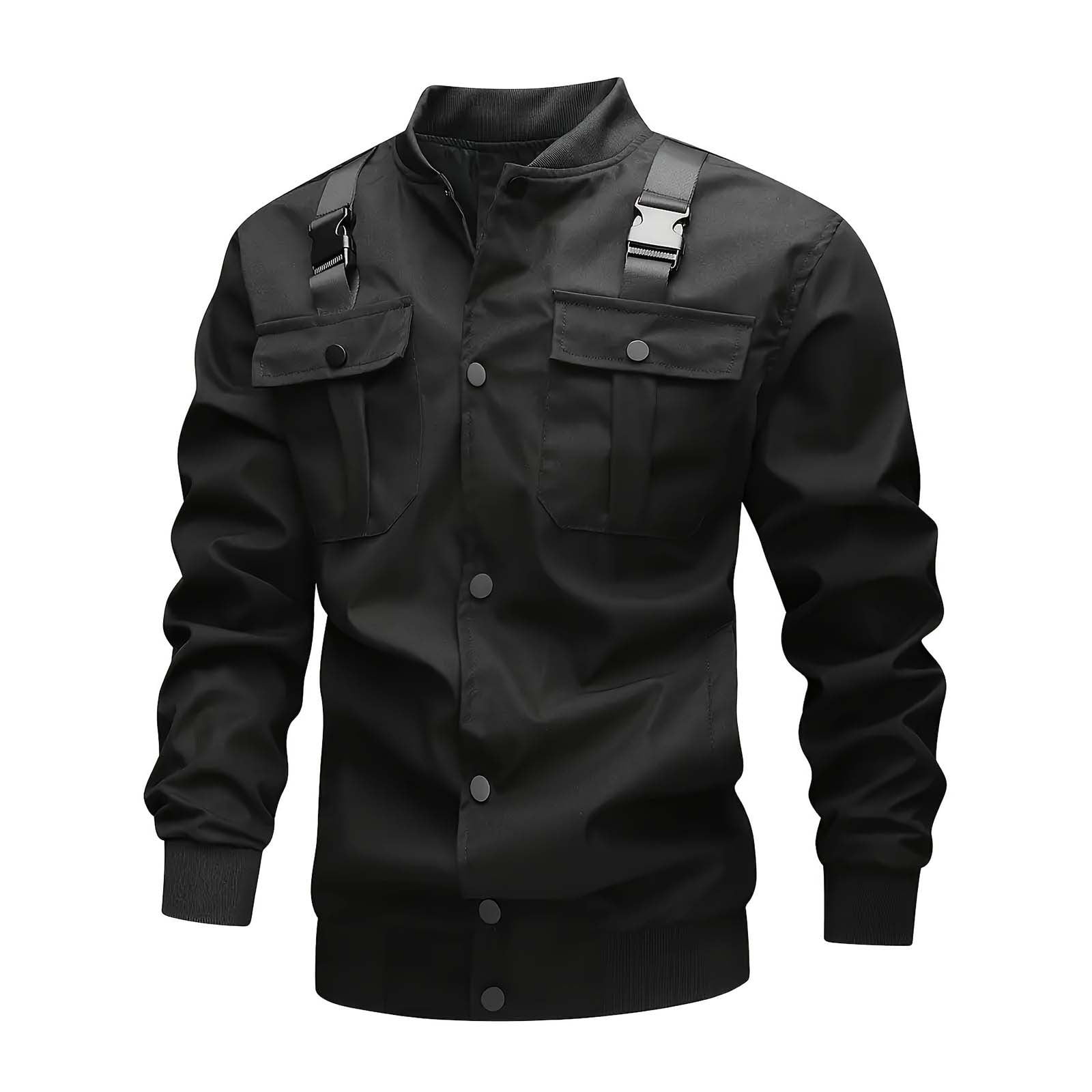 Men's Military Jacket with Shoulder Straps & Multi Pockets Zip Up ...