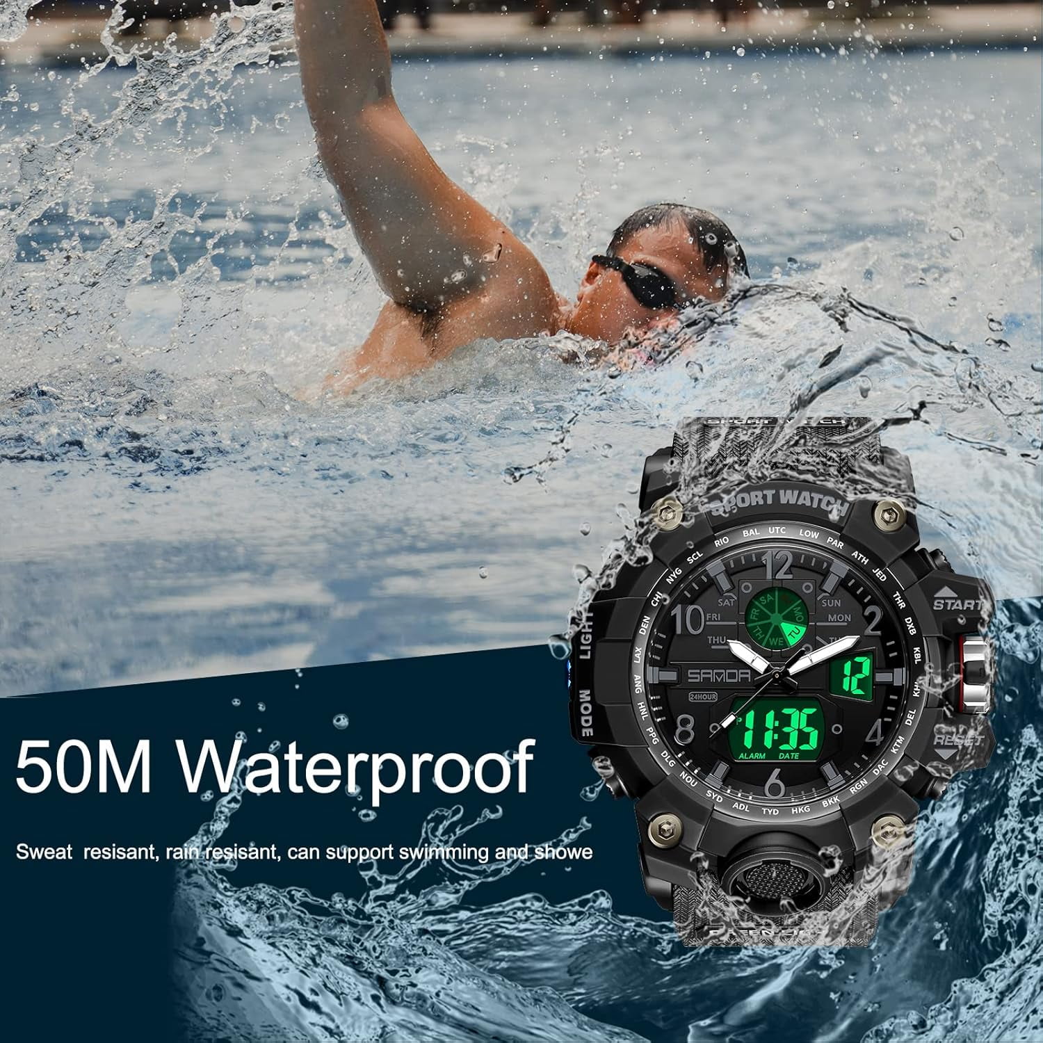 Men’s Military Watch, Dual-Display Waterproof Sports Digital Watch Big ...