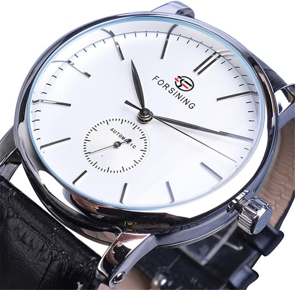 Men's Minimalist White Dial Automatic Watch Stainless Steel with ...