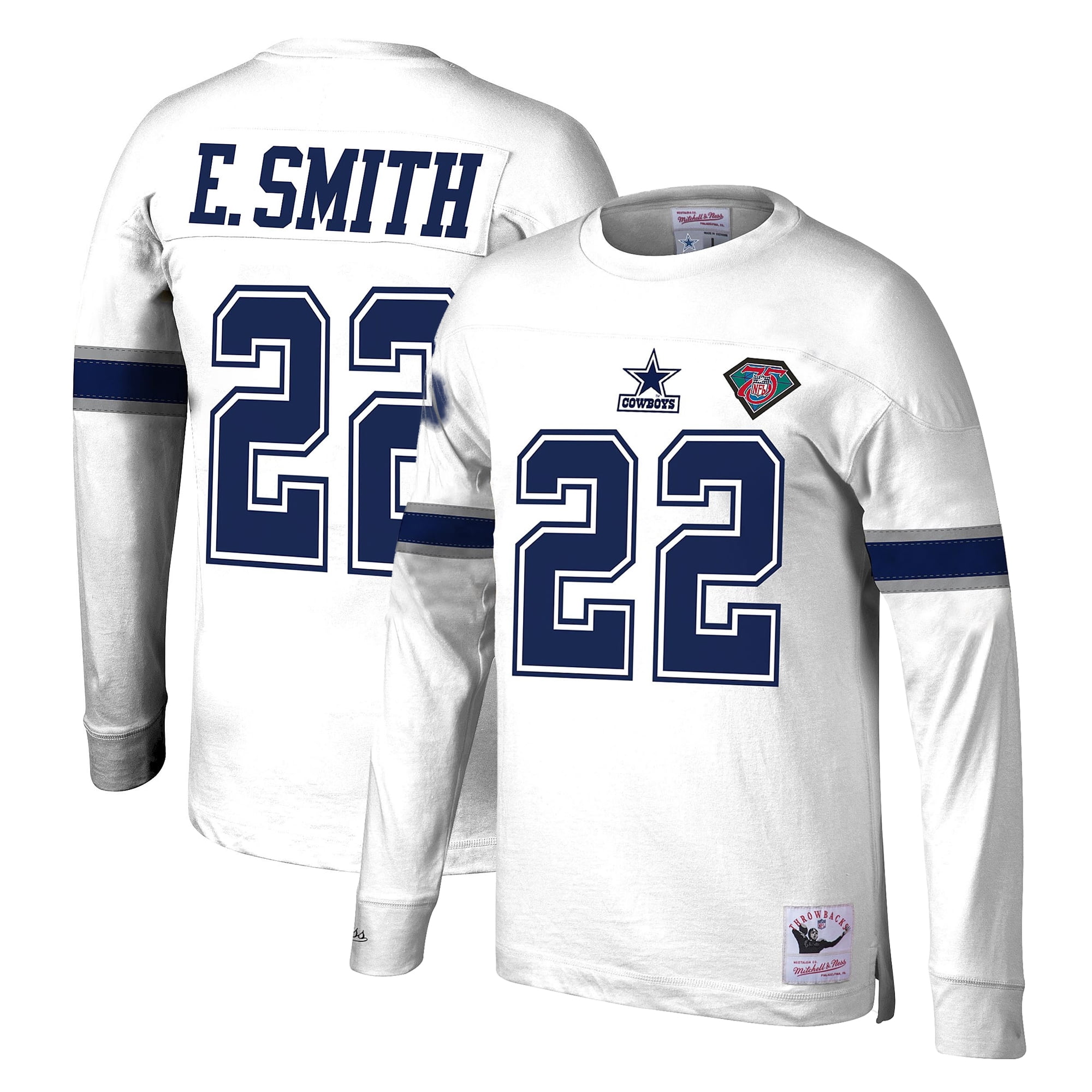 Men's Mitchell & Ness Emmitt Smith White Dallas Cowboys Retired Player Name & Number Long Sleeve ...