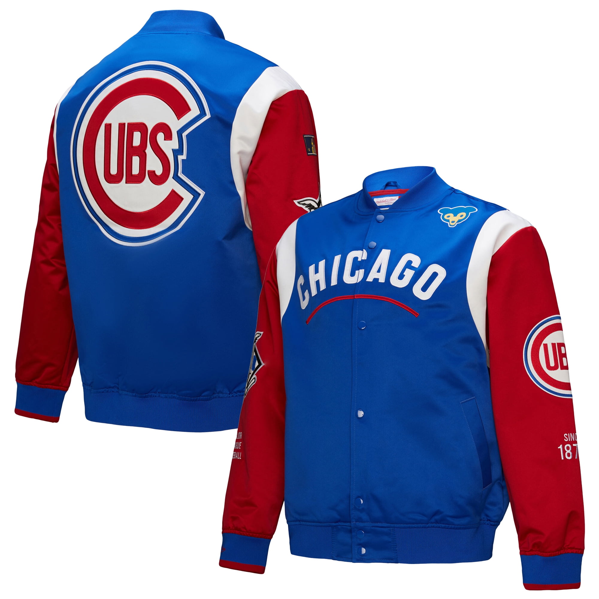 Men's Mitchell & Ness Royal/Red Chicago Cubs Cooperstown Collection Team Origins Satin Full-Snap ...