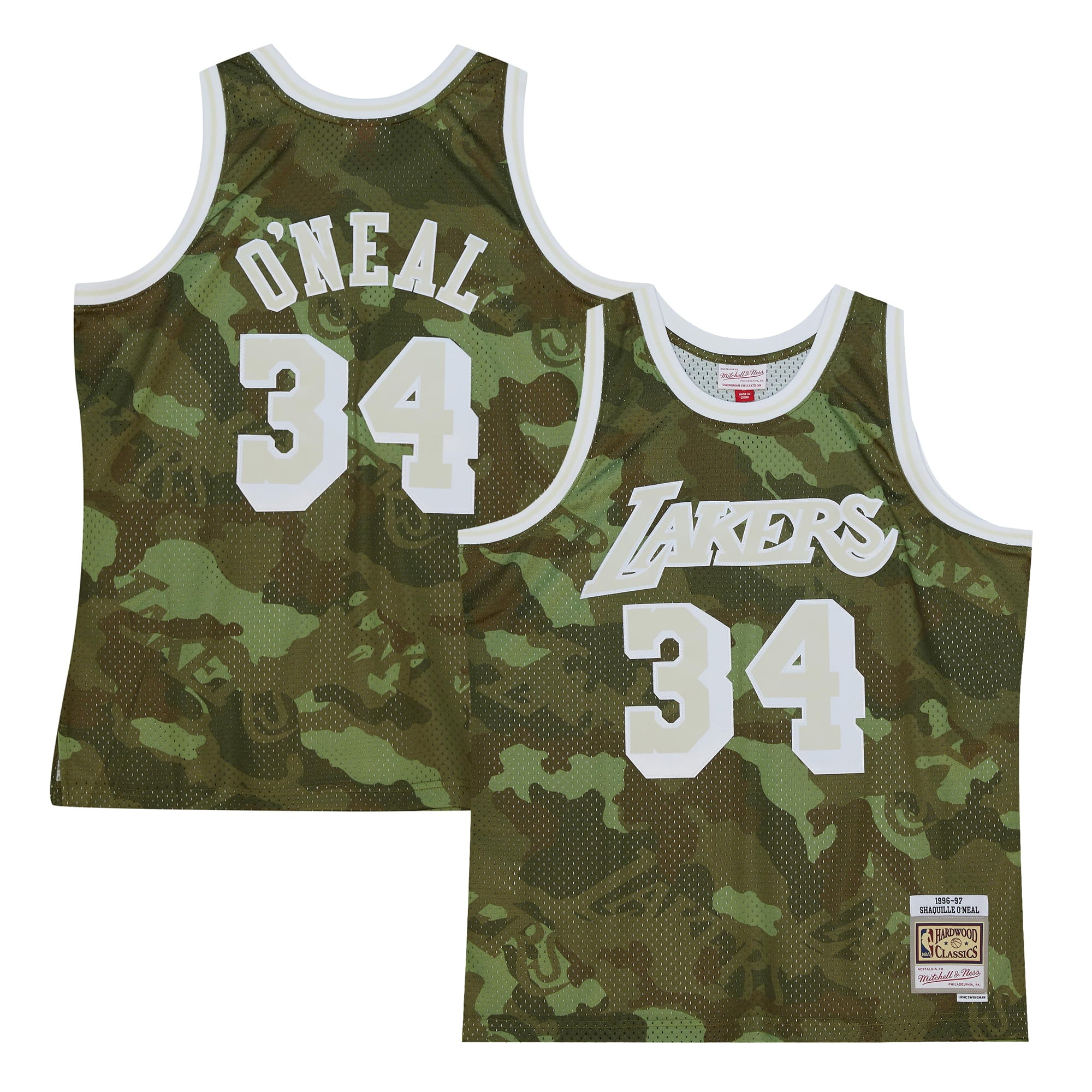 Men's Mitchell & Ness Shaquille O'Neal Camo Los Angeles Lakers Hardwood ...