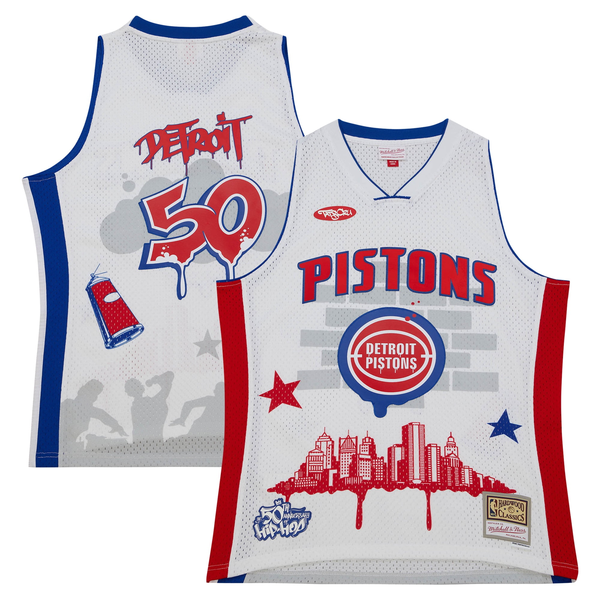 Men's Mitchell & Ness x Tats Cru White Detroit Pistons Hardwood ...