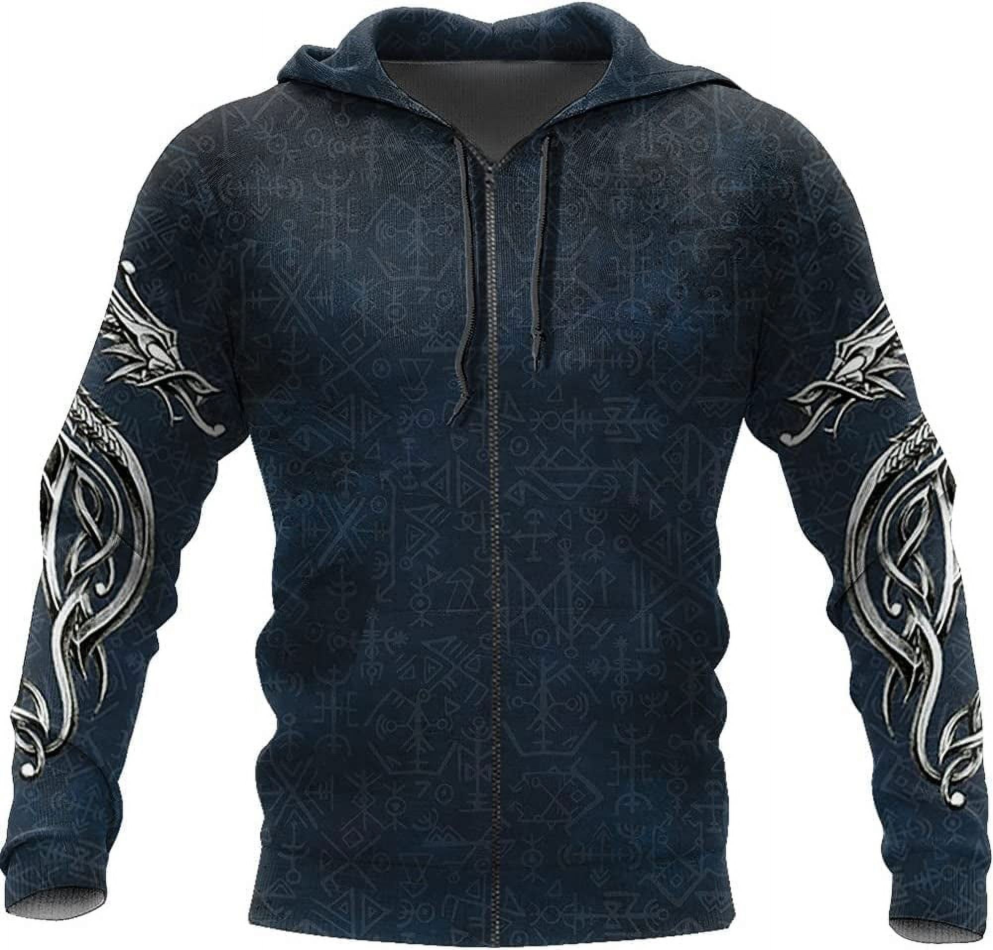 Men's Moon Viking Dragon Rune Tattoo Full Zip Hoodie, Norse Mythology 3D Printed Long Sleeve ...
