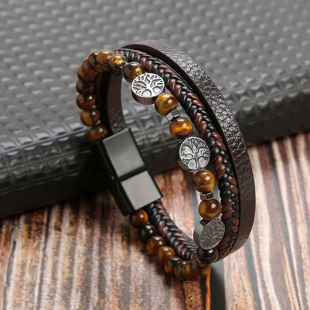 Men's Multi-Layer Braided Leather Bracelet, Tiger Eye & Tree of Life ...