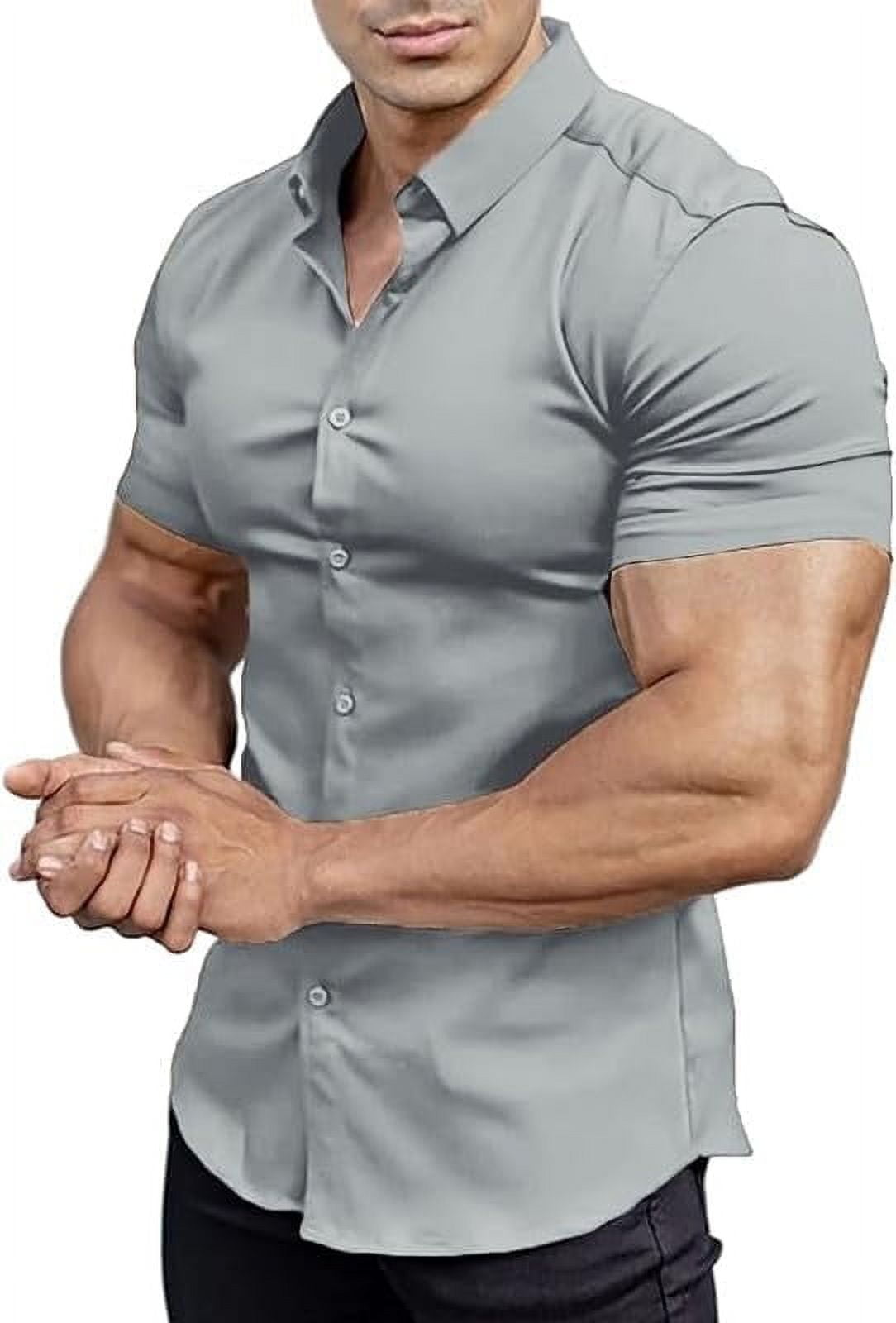 Men’s Muscle Fit Dress Shirts Stretch Athletic Slim Fit Short Sleeve Casual Button Down Shirt ...