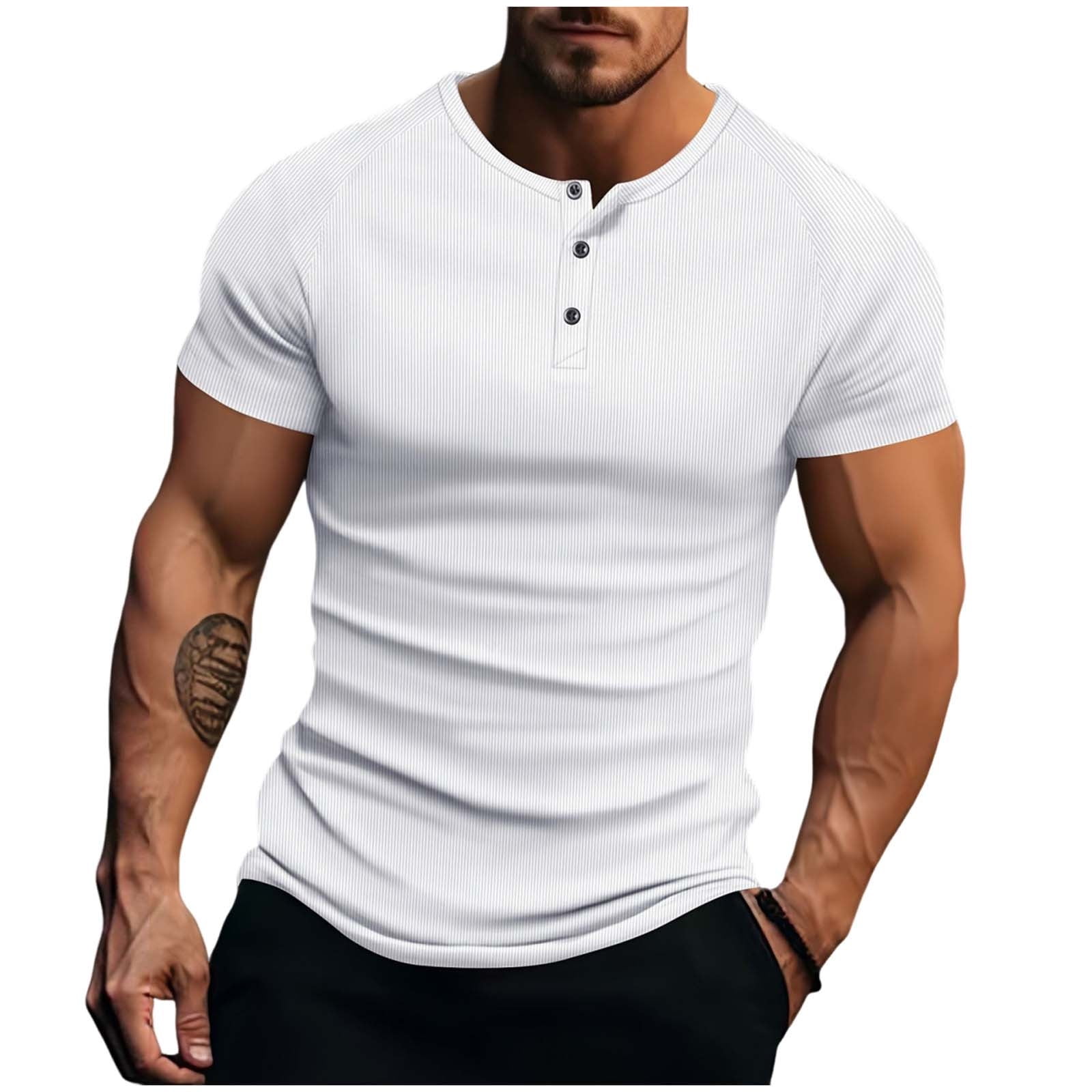 Men's Muscle Henley Shirts Crewneck Short Sleeve T-Shirt Gym Workout ...