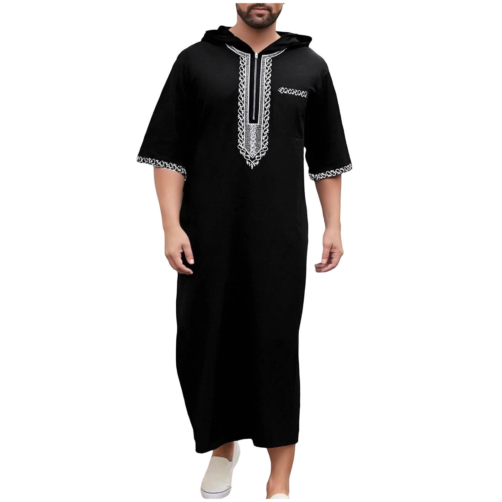 Men's Muslim Prayer Kaftan Robe Embroidered Middle East Long Gown Short ...