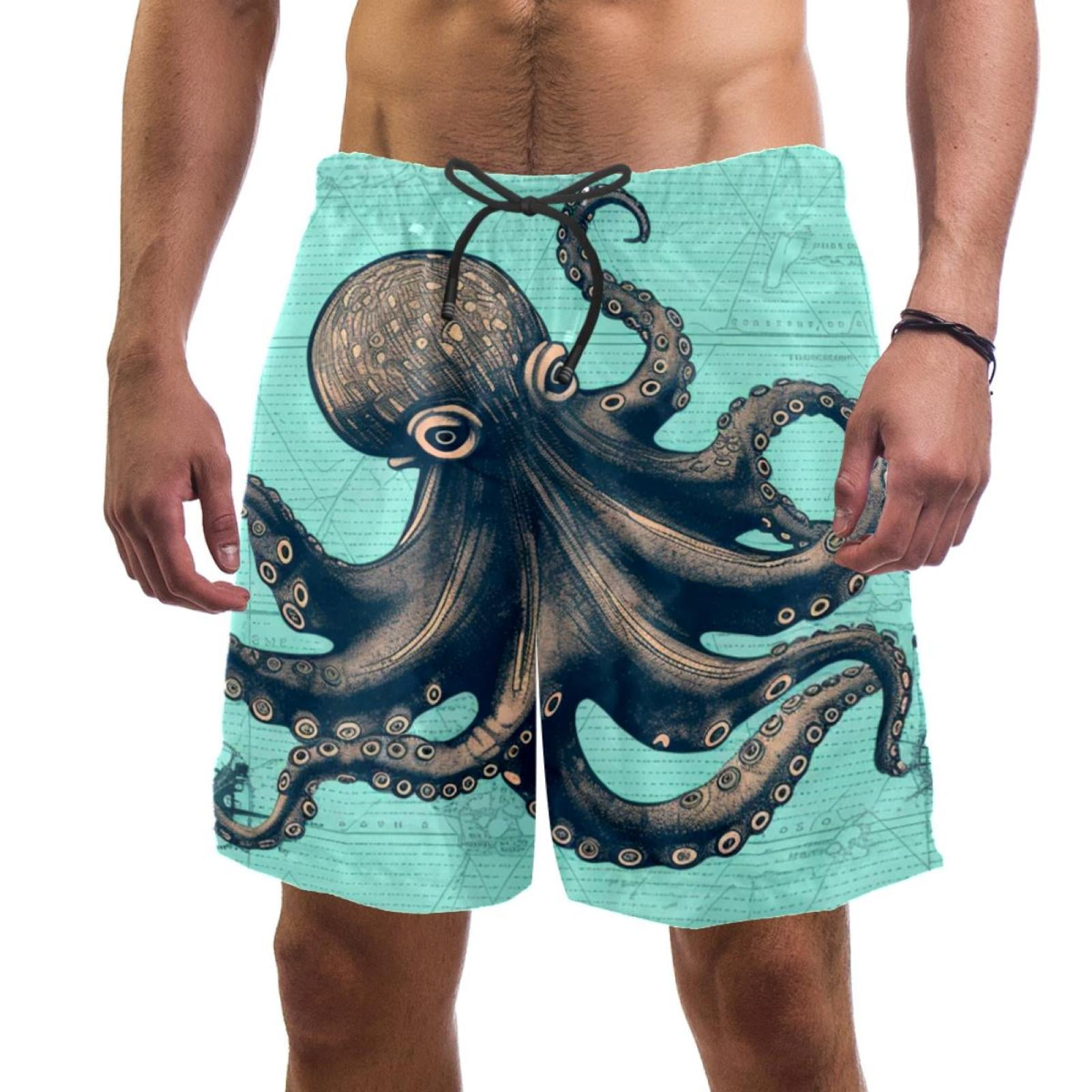 Mens Nautical Octopus Swim Trunks Quick Dry Board Shorts Bathing Suits With Mesh Lining S