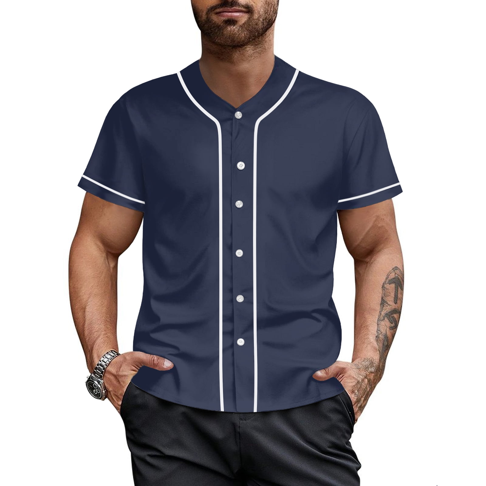 Men's Navy Baseball Jersey Button Down Shirt Hip Hop Baseball T-Shirt ...
