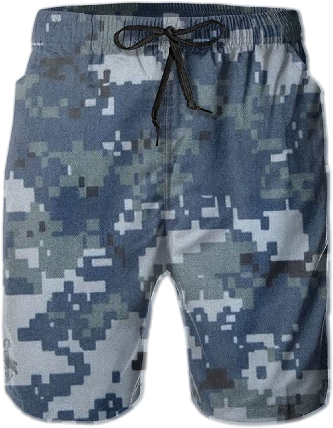 Men's Navy Blue Digital Camo Drawstring Casual Summer Beach Shorts S ...