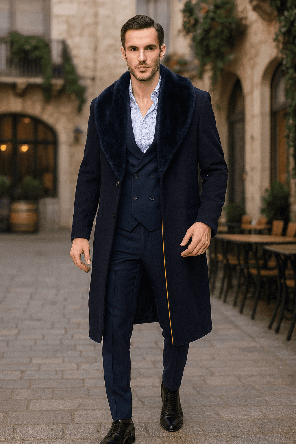 Men’s Navy Blue Overcoat with Faux Fur Collar – Luxury Long Winter Coat ...