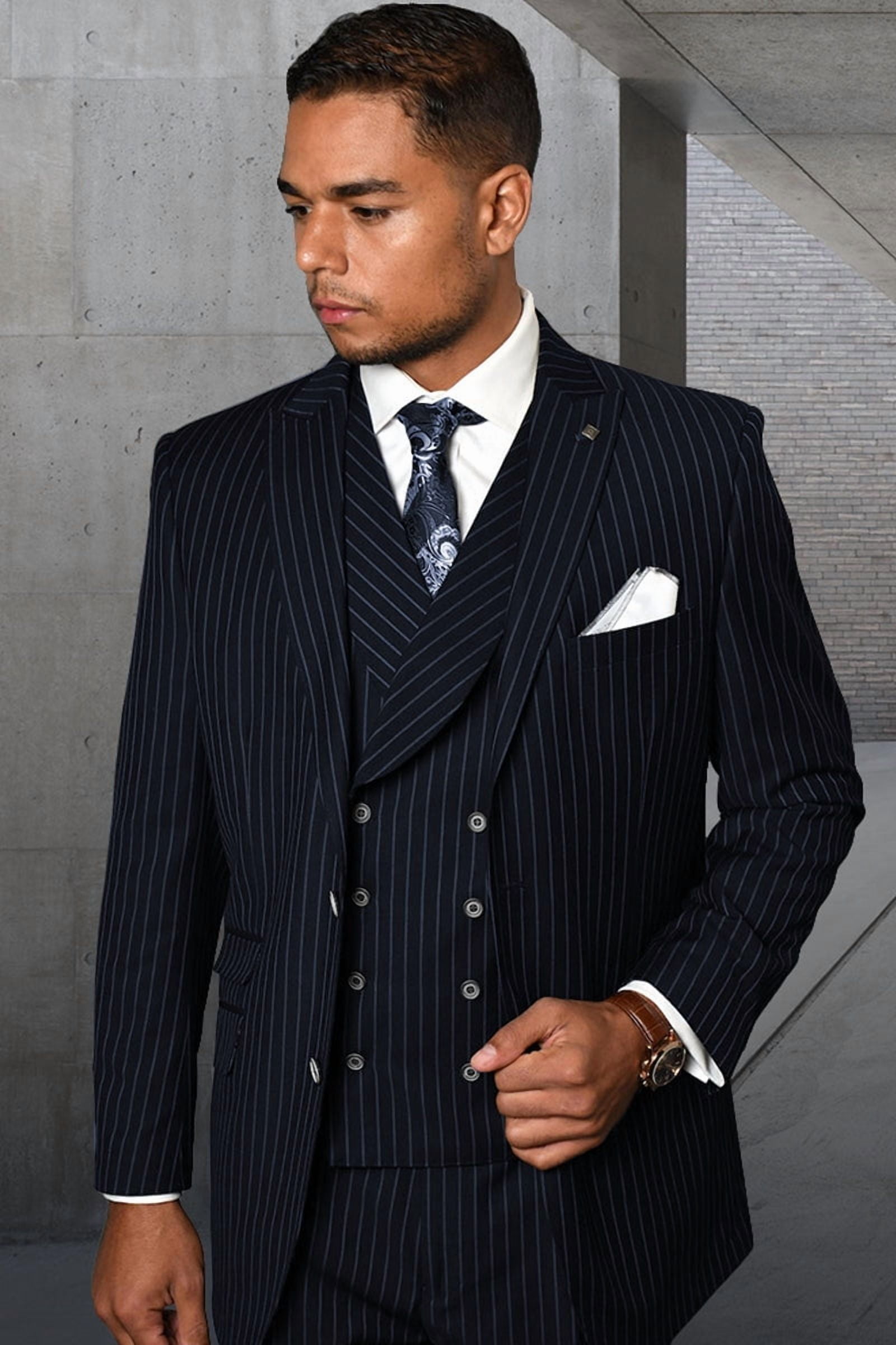Men's Statement Suits Navy Blue Pinstripe Pleated Suit with Vested ...