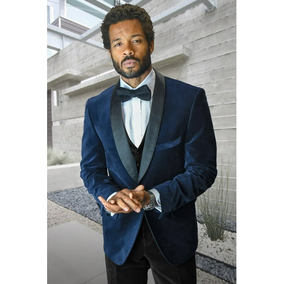 Men's Navy Blue Velvet Vested Tuxedo Weddings & Prom 2026 38 Regular ...