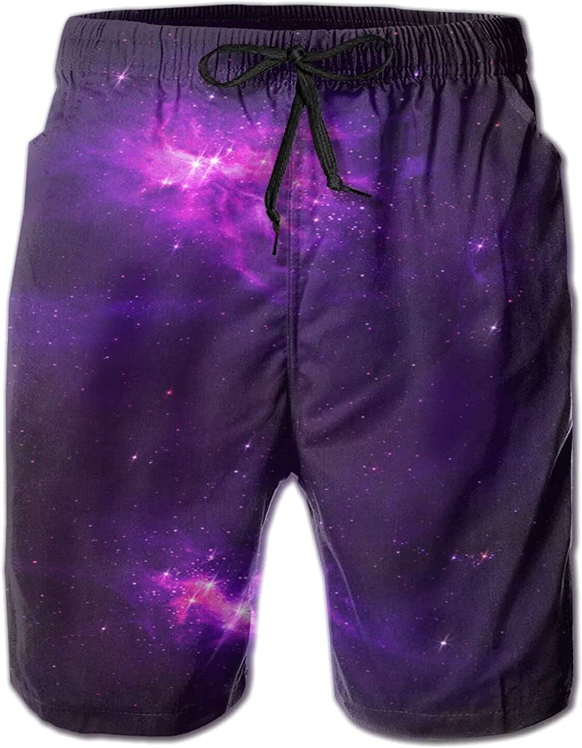Mens Nebula Galaxy Purple Swim Trunks Quick Dry Board Shorts With Mesh Lining Beach Shorts