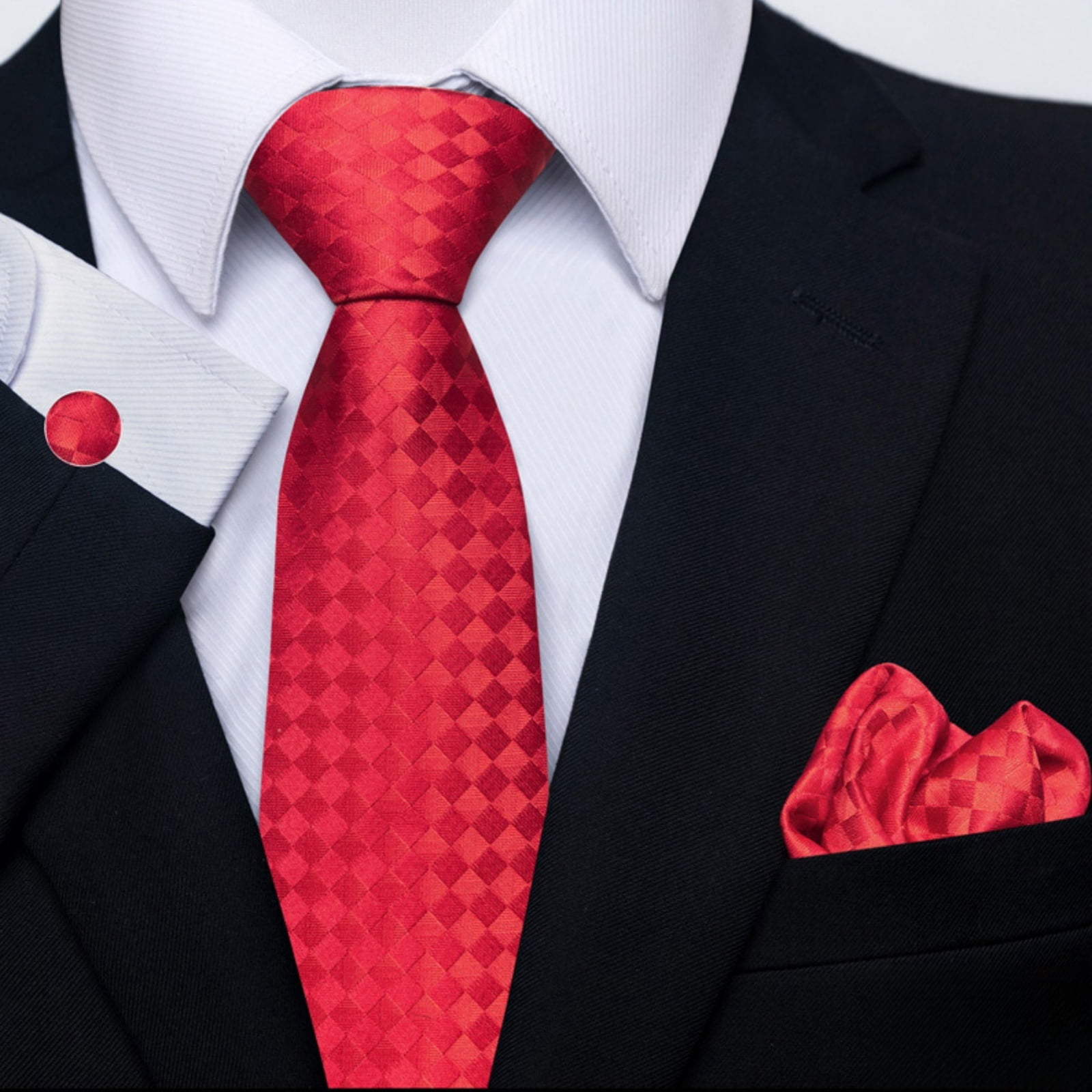 Men's Neckties Set,Handkerchief Cufflink Business Formal Red Grid Ties ...