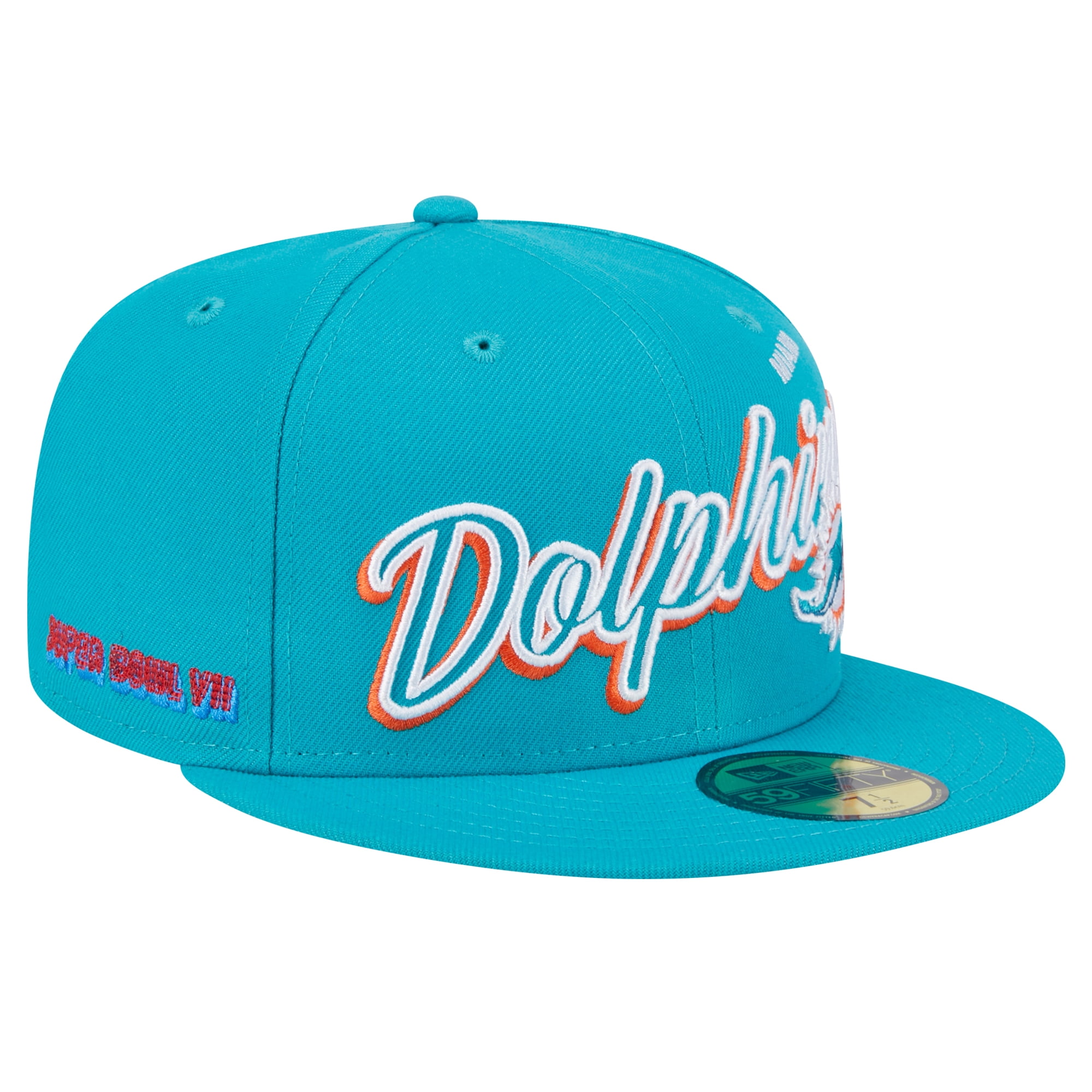 Men's New Era Aqua Miami Dolphins Script Sided 59FIFTY Fitted Hat ...