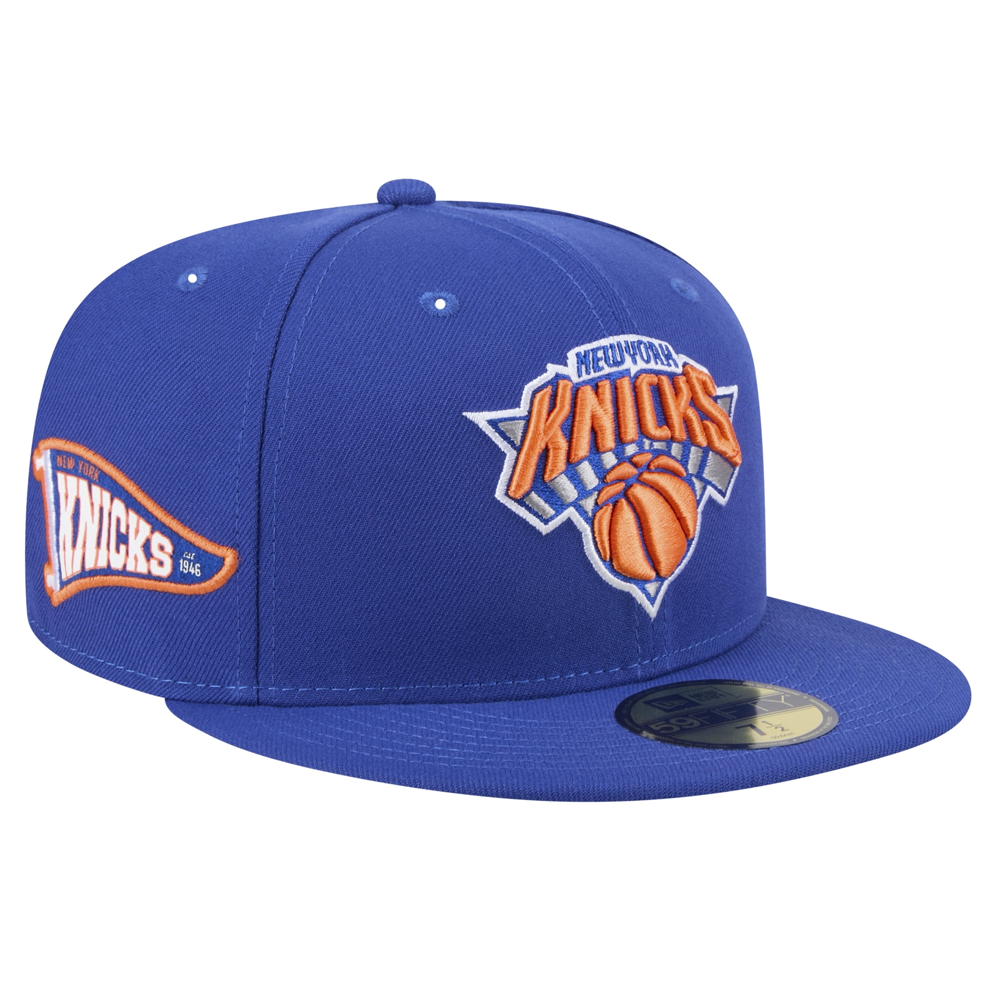 Men's New Era Blue New York Knicks Throwback Pennant 59FIFTY Fitted Hat ...