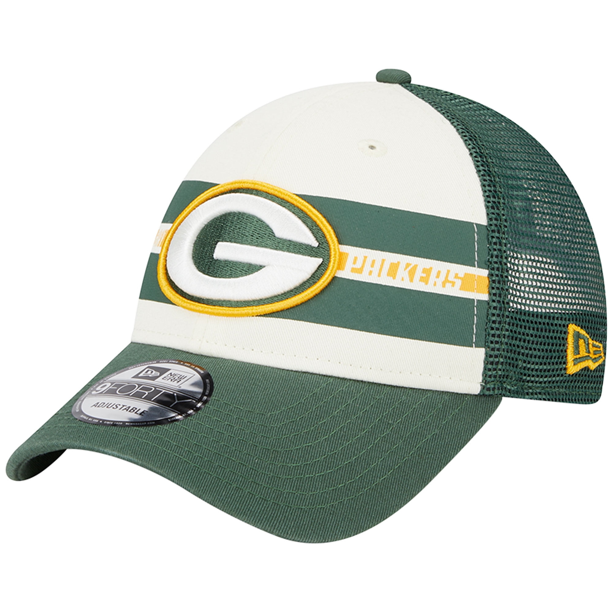 Men's New Era Cream/Green Green Bay Packers Team Stripe Trucker 9FORTY ...