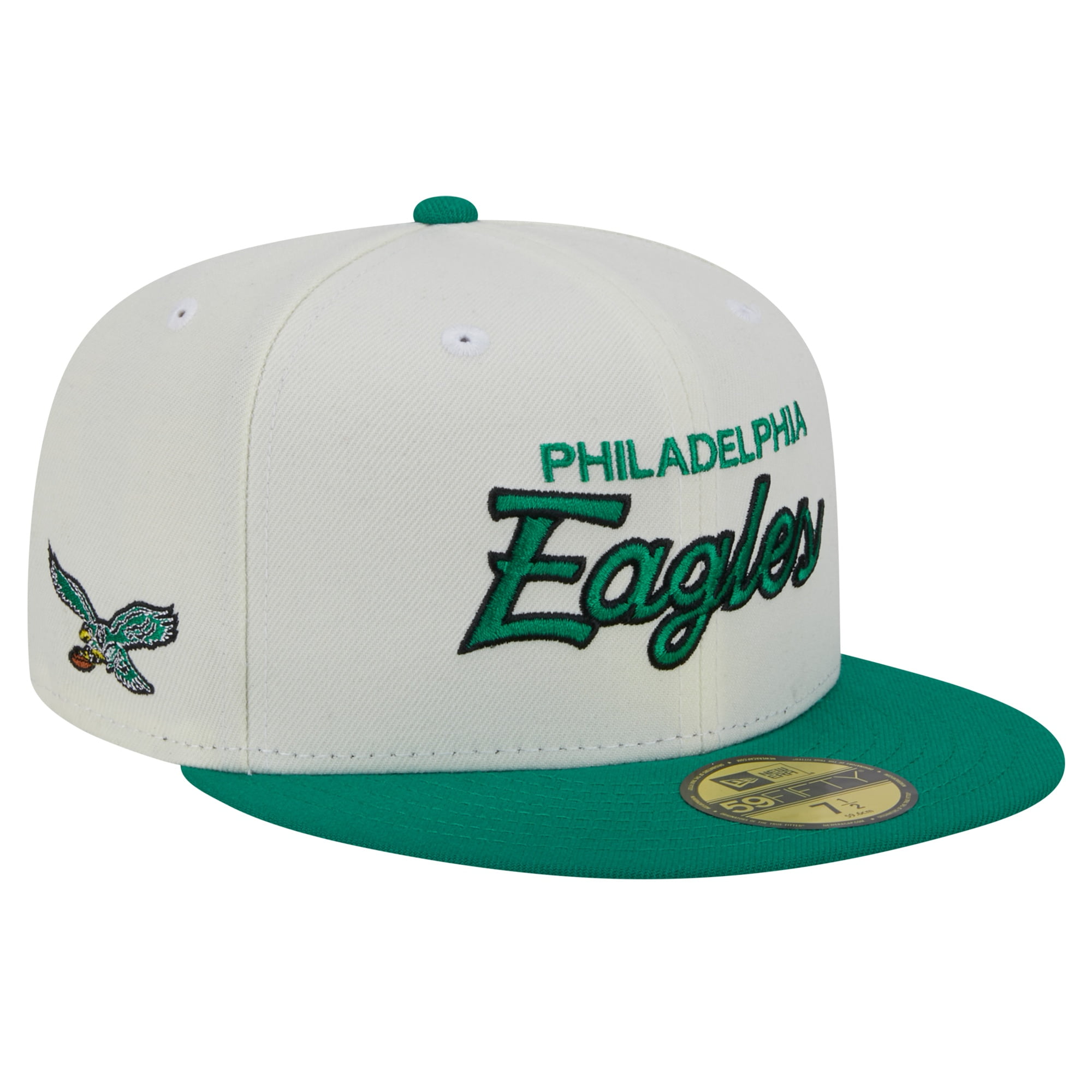 Men's New Era Cream/Kelly Green Philadelphia Eagles Historic Script ...