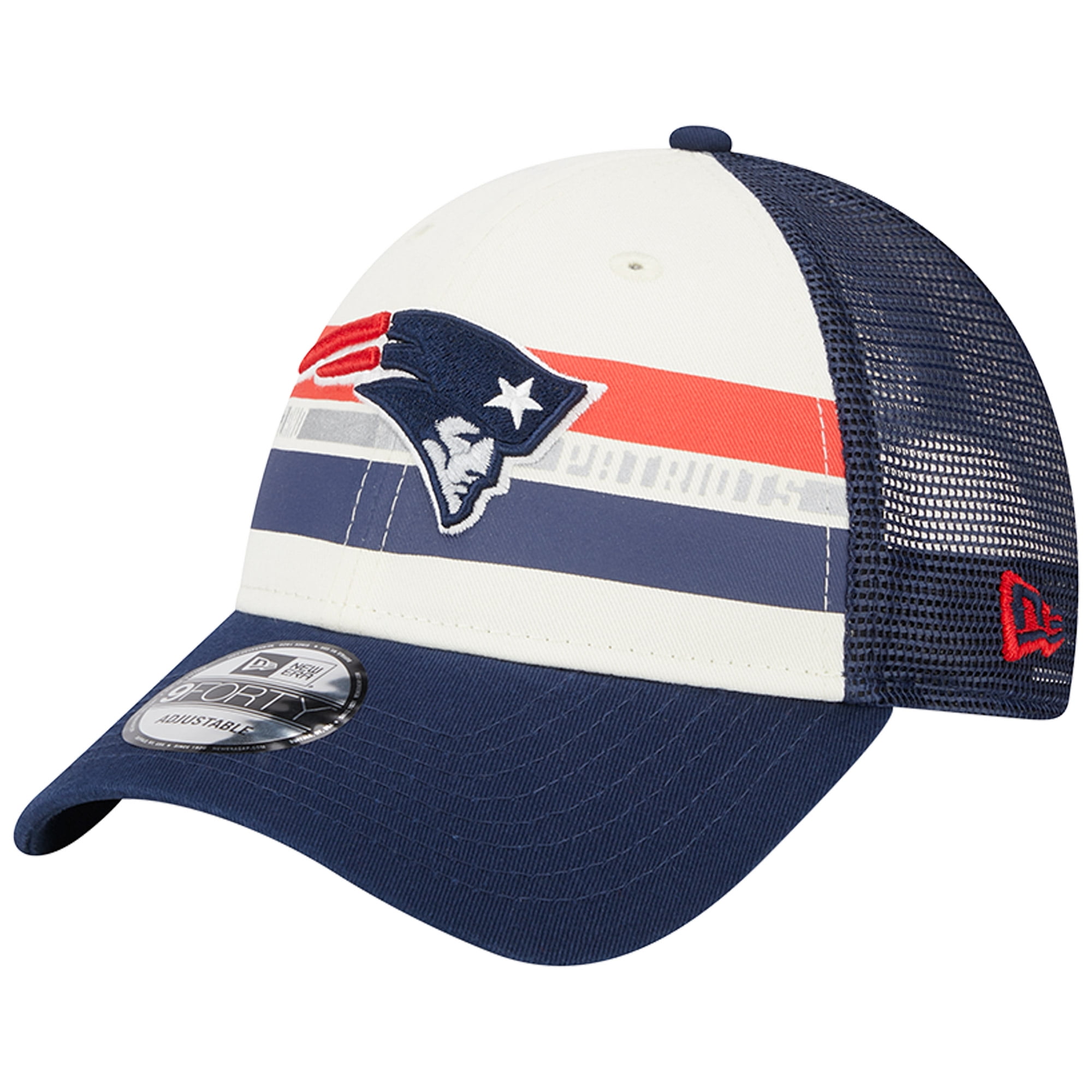 Men's New Era Cream/Navy New England Patriots Team Stripe Trucker ...