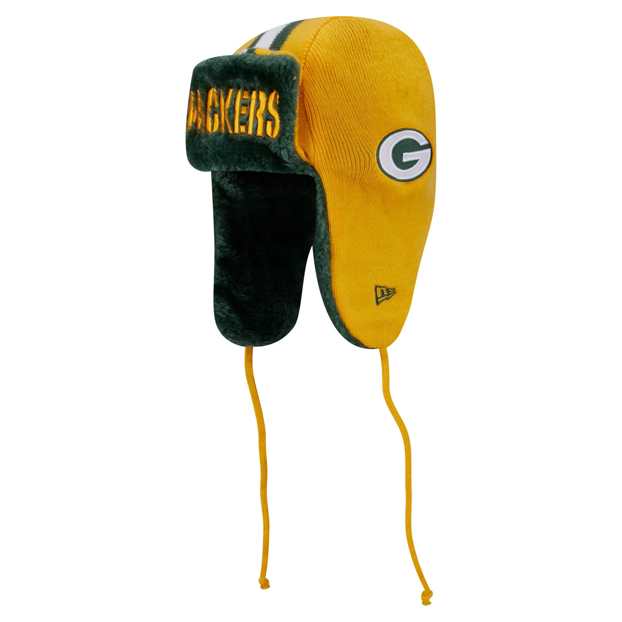 Men's New Era Gold Green Bay Packers Helmet Head Trapper Knit Hat ...