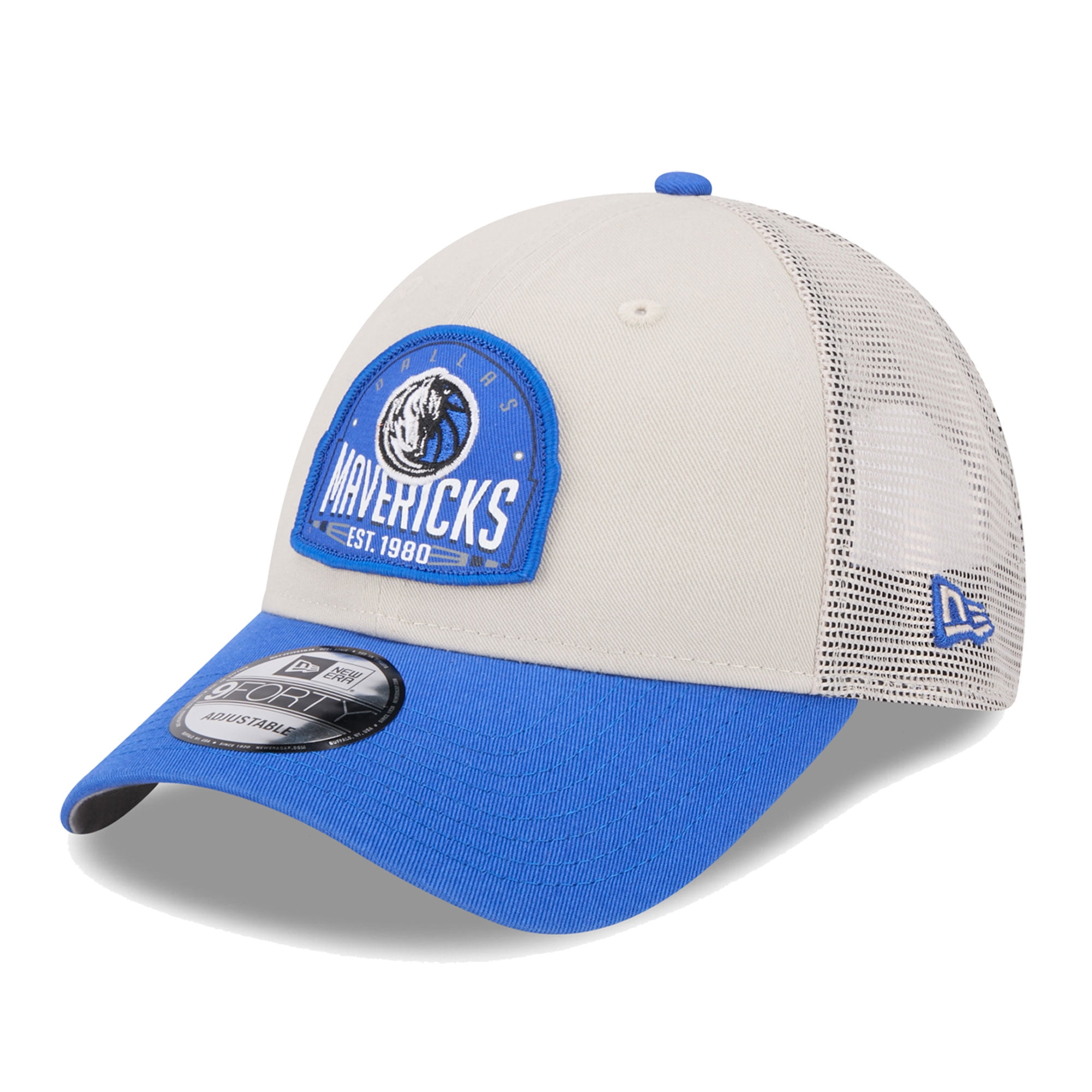 Men's New Era Khaki/Blue Dallas Mavericks Throwback Patch Trucker ...