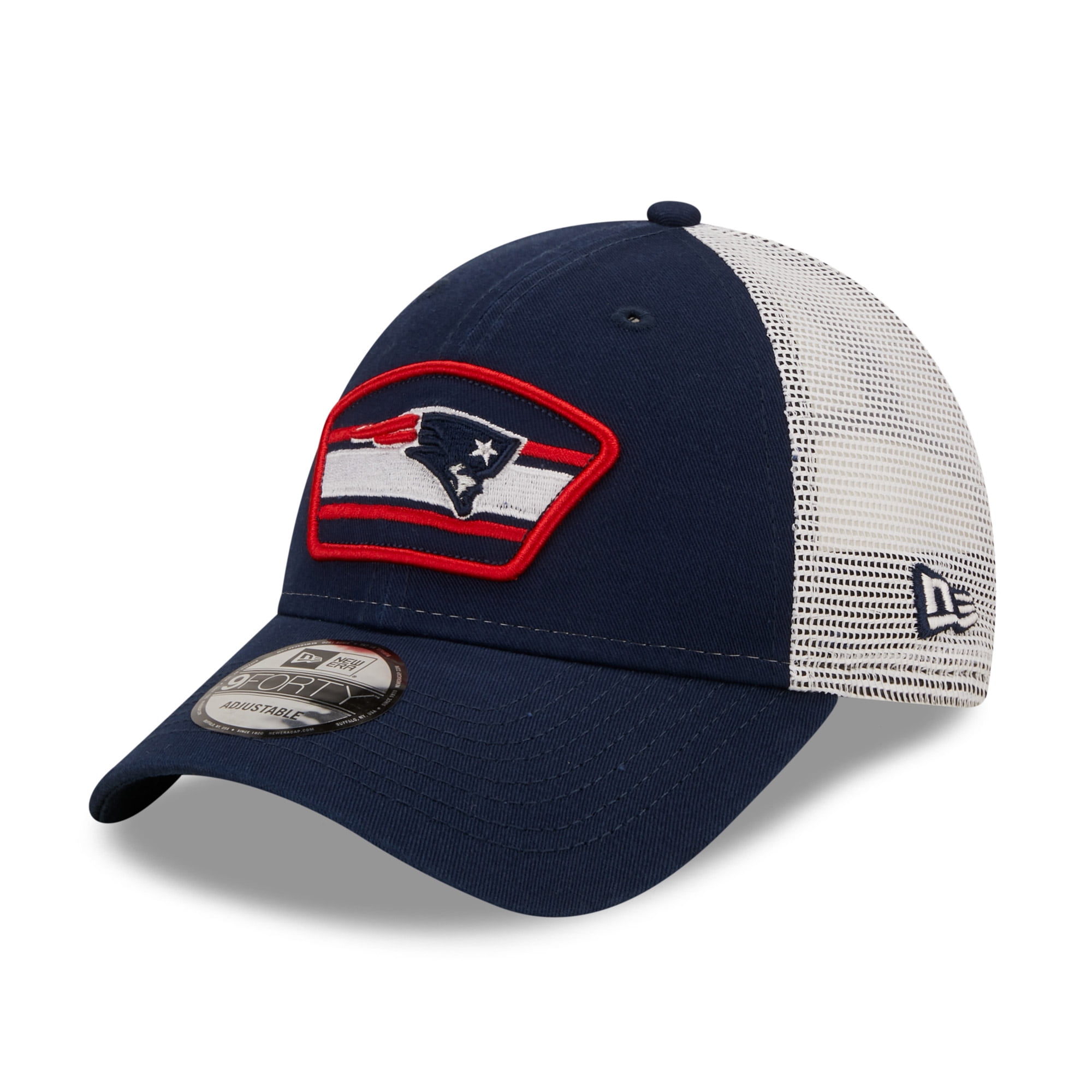 Men's New Era Navy/White New England Patriots Logo Patch Trucker 9FORTY ...