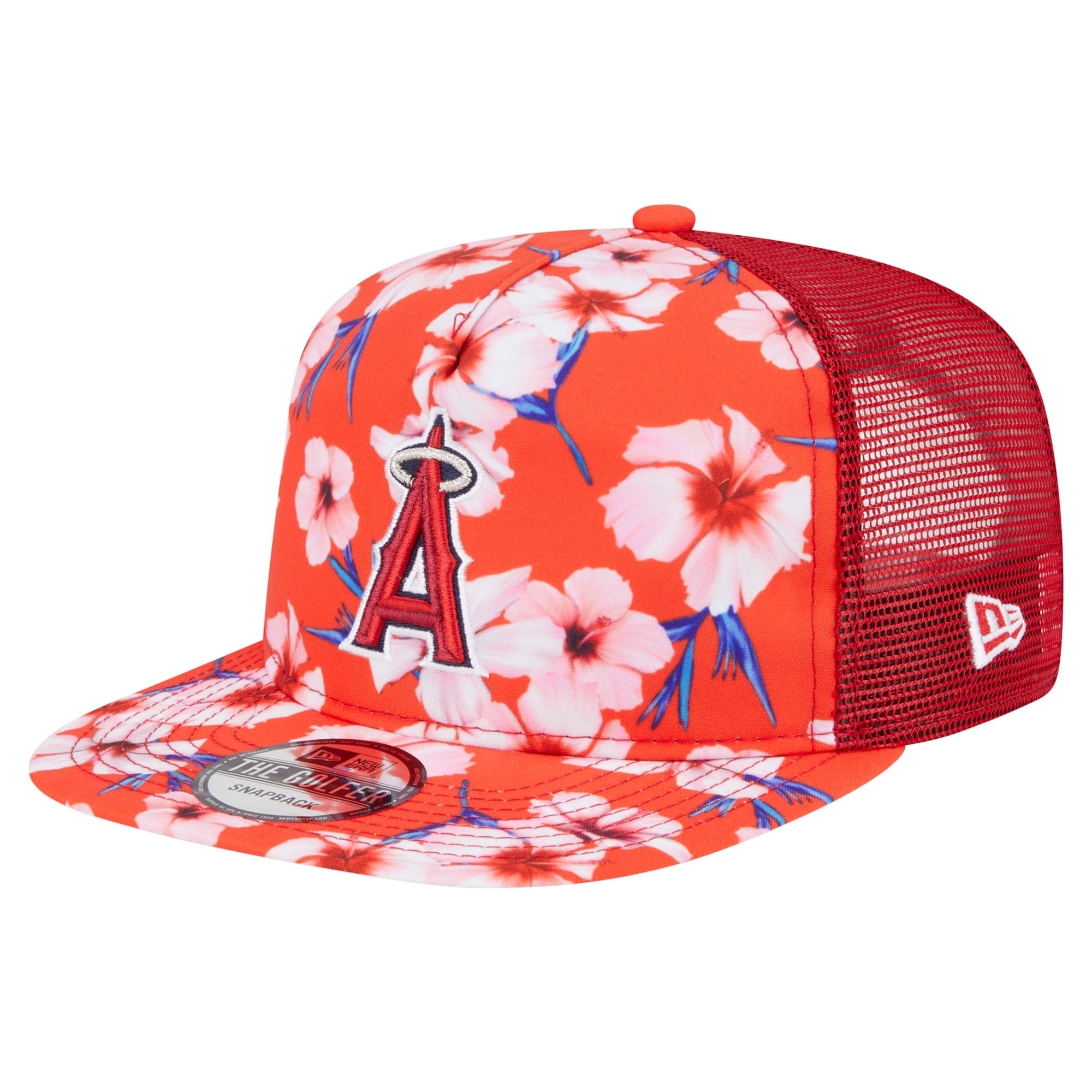 Men's New Era Red Los Angeles Angels Adventure Pattern Golfer Trucker ...