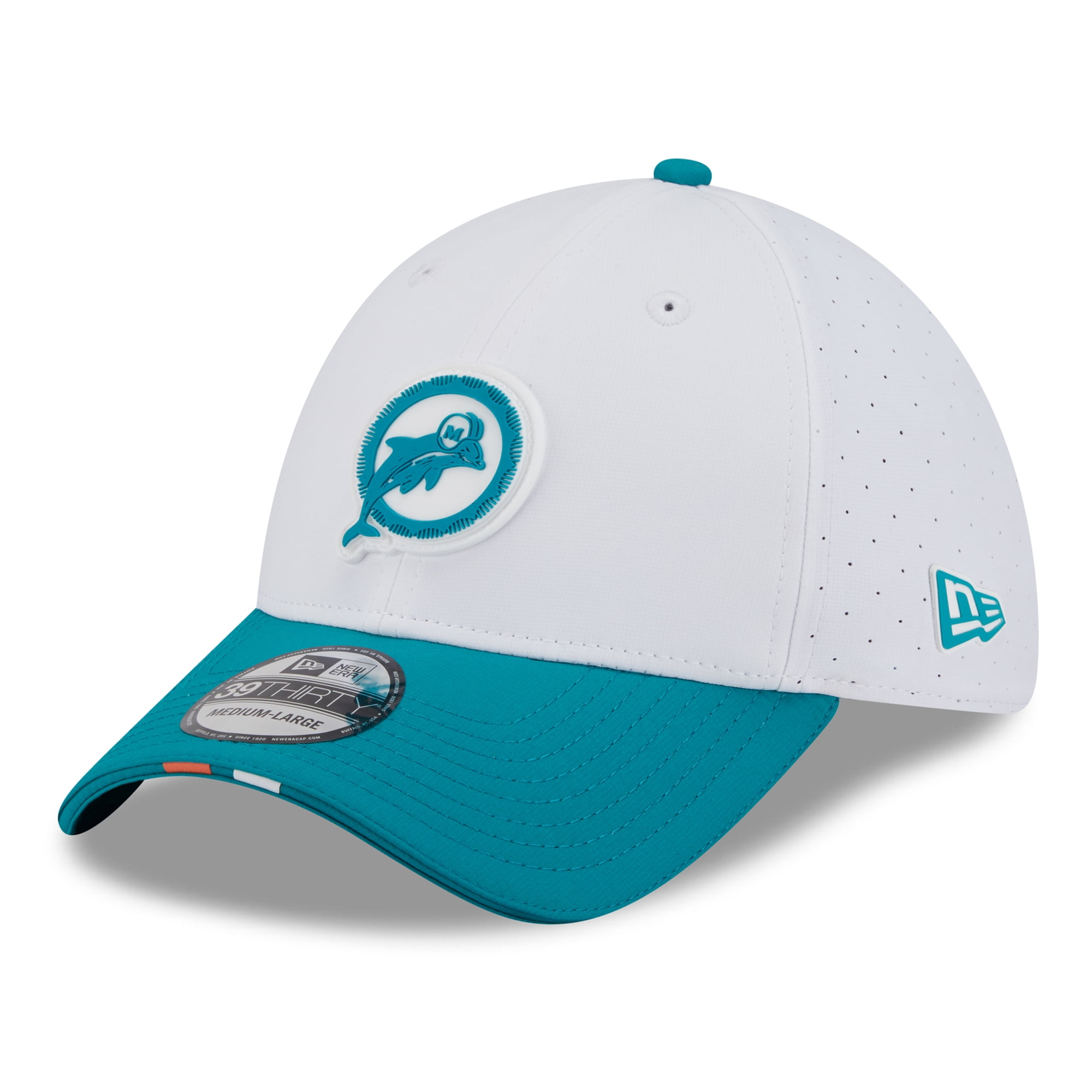 Men's New Era White/Aqua Miami Dolphins 2025 NFL Training Camp Throwback Logo 39THIRTY Flex Hat ...