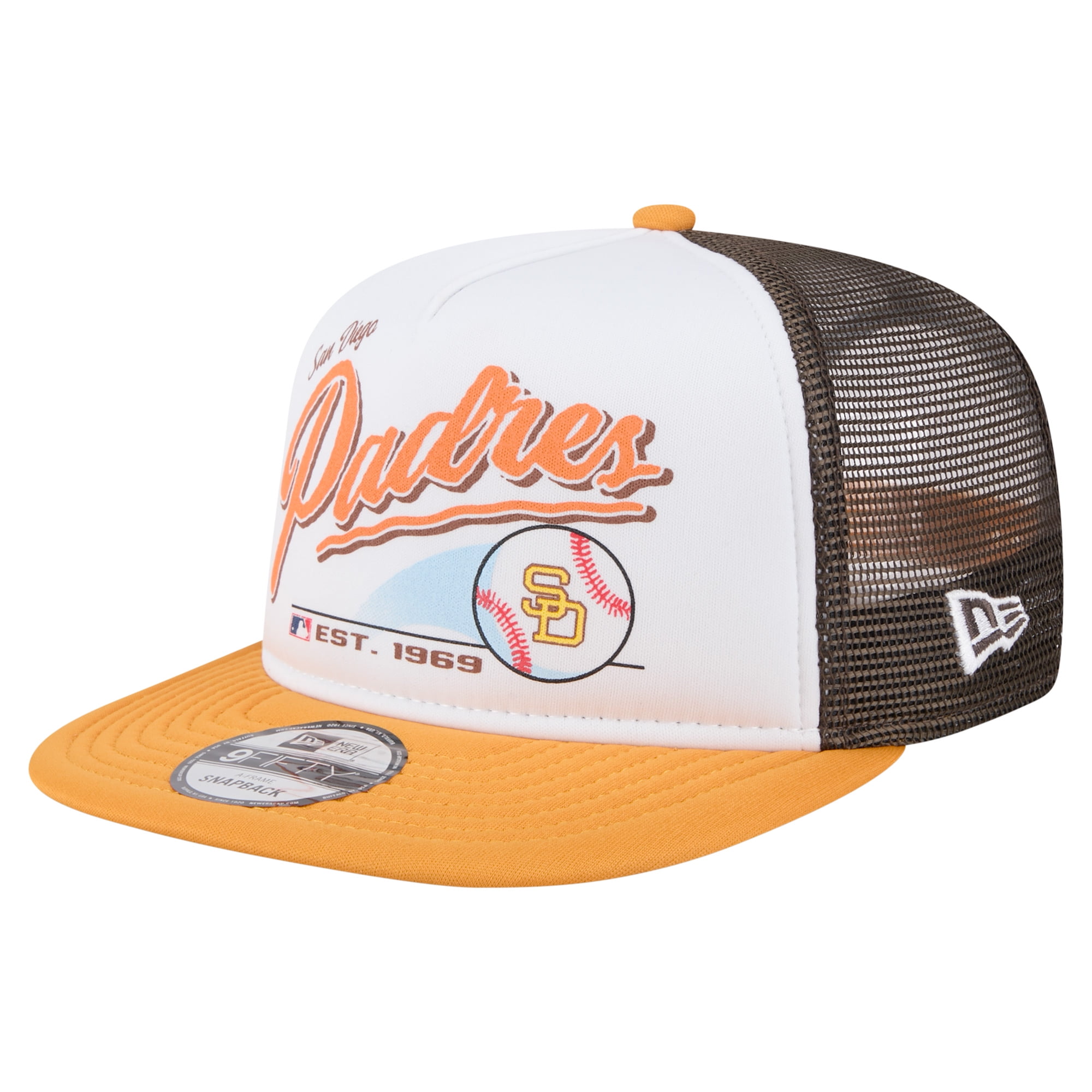 Men's New Era White/Gold San Diego Padres Retro Script Trucker 9FIFTY ...