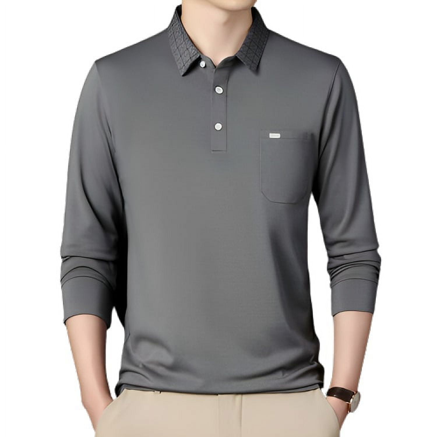 Men's New Long Sleeve Collar T-shirt Solid Color Polo Shirt with Pocket ...