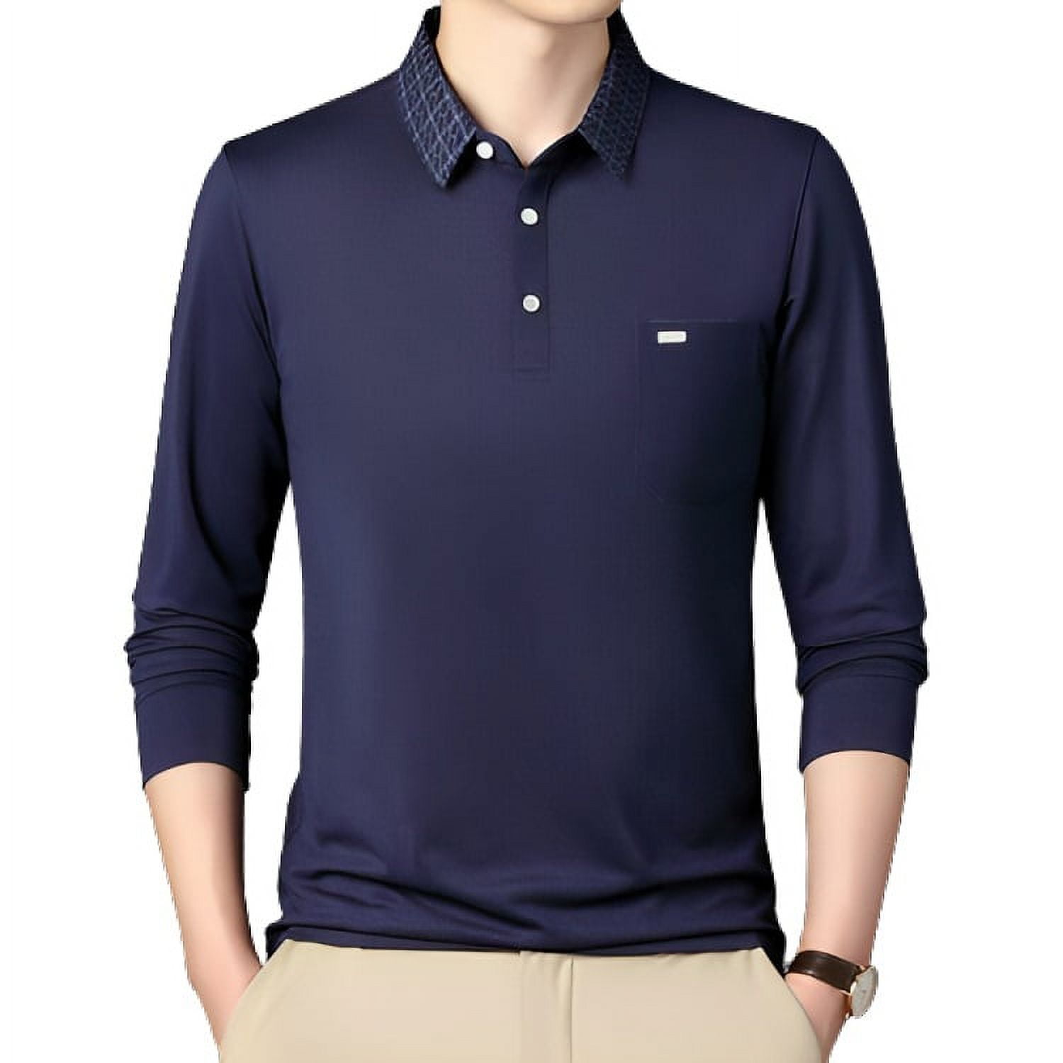 Men's New Long Sleeve Collar T-shirt Solid Color Polo Shirt with Pocket ...