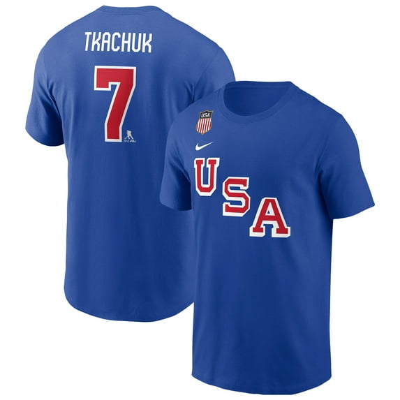 Men's Nike Brady Tkachuk Royal US Hockey 2026 Name & Number T-Shirt ...