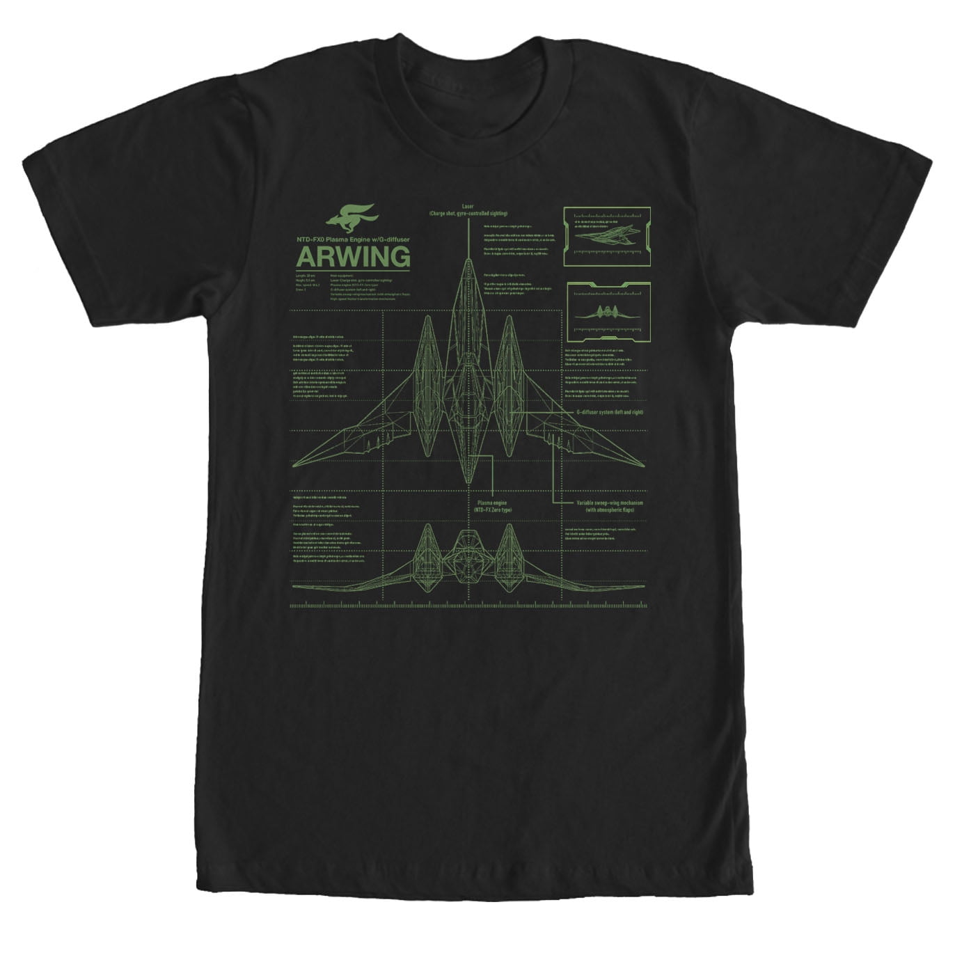 Men's Nintendo Star Fox Arwing Schematics Graphic Tee Black X Large ...